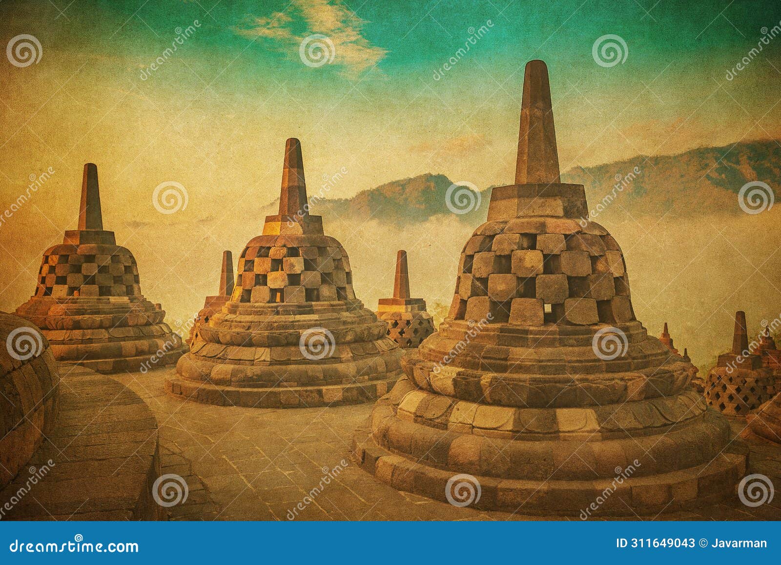 Vintage Image of Borobudur Temple, Java, Indonesia Stock Image - Image ...