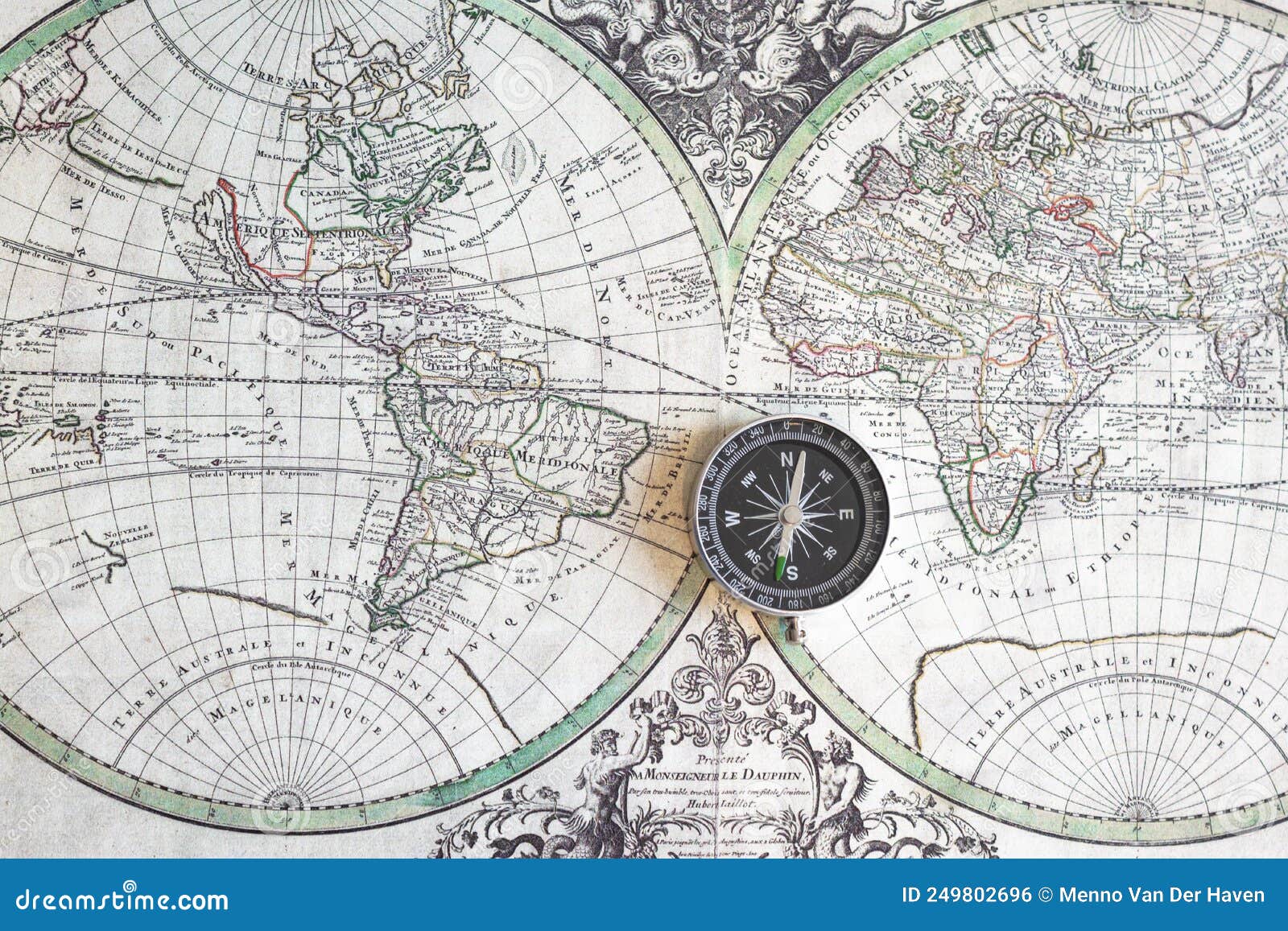 Compass Lies on an Ancient World Map Stock Photo - Image of america ...