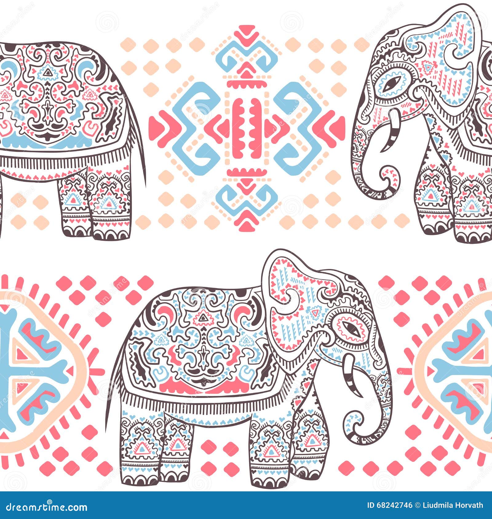 Vintage Indian Elephant Seamless Pattern with Tribal Ornaments. Stock ...