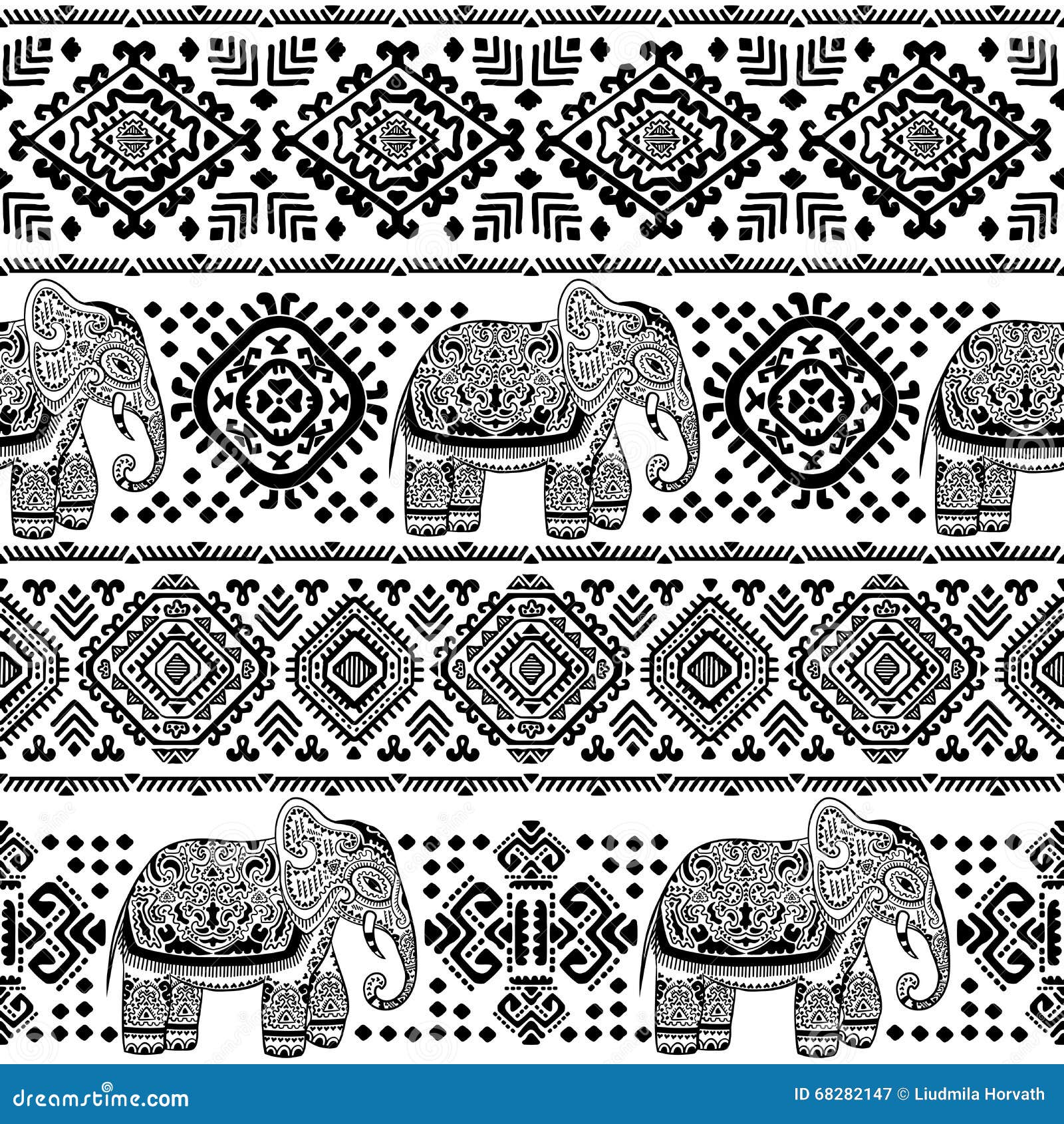 Vintage Indian Elephant Seamless Pattern with Tribal Ornaments. Stock ...