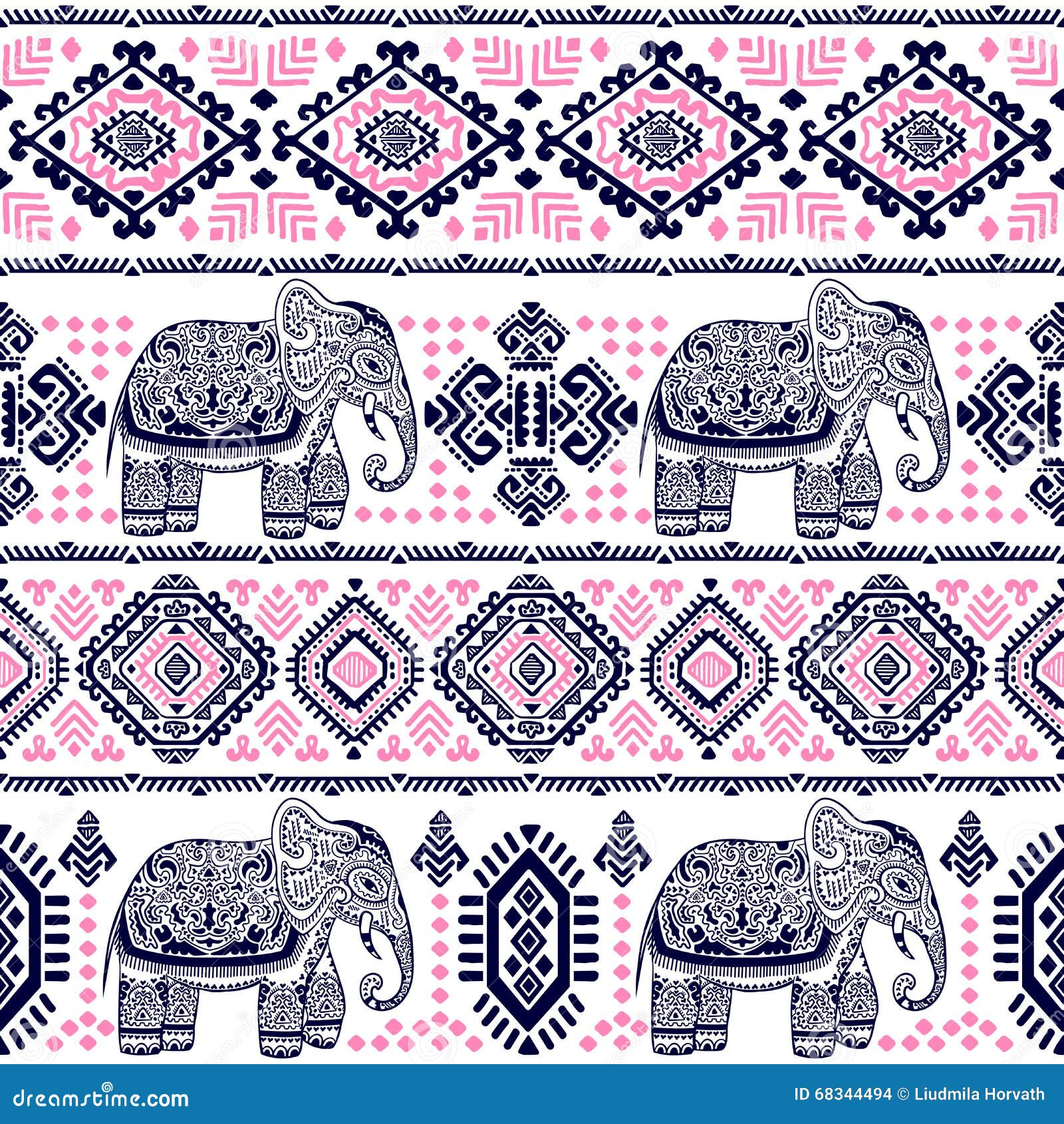 Vintage Indian Elephant Seamless Pattern with Tribal Ornaments. Stock ...