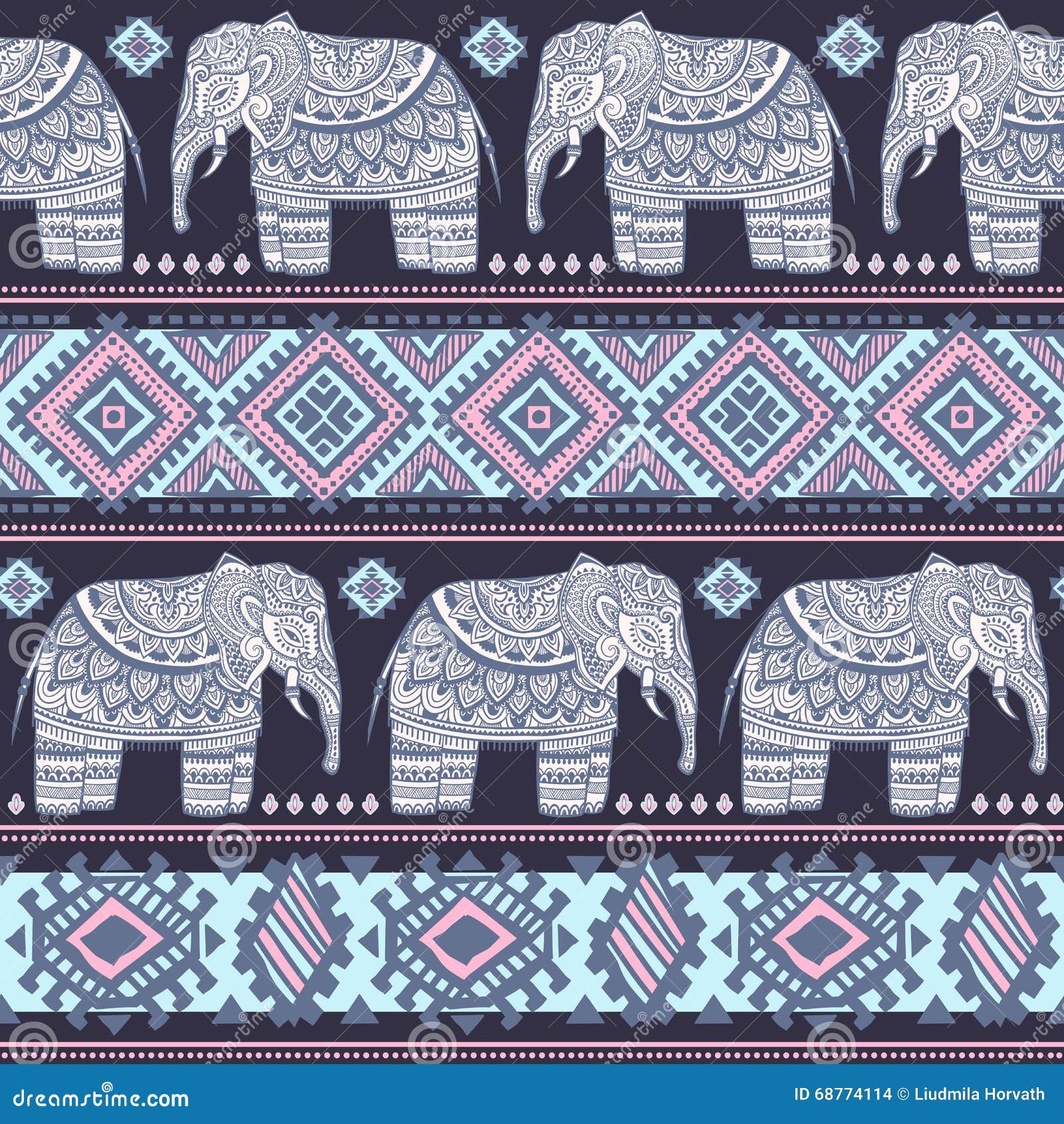 Vintage Indian Elephant Seamless Pattern with Tribal Ornaments. Stock ...