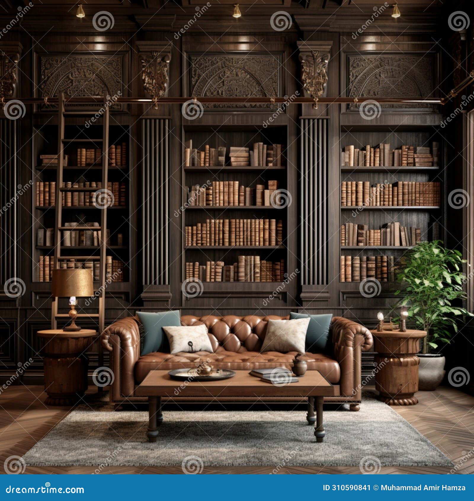 A Vintage-inspired Library with a 3D Wood Panel Wall Stock Illustration ...