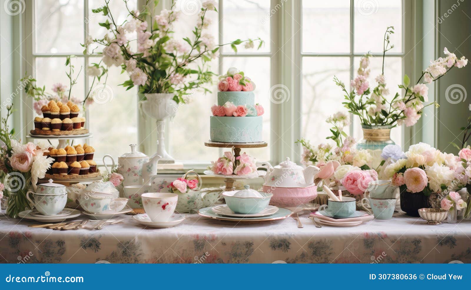 A Vintage Inspired Tea Party Table with Tiered Cakes Stock Illustration ...