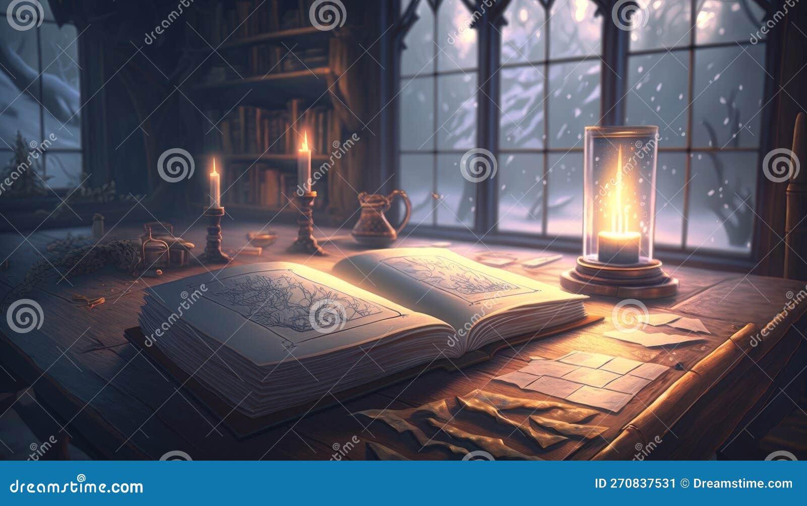 Vintage Interior of Old Library with Books and Candles. Generative AI ...