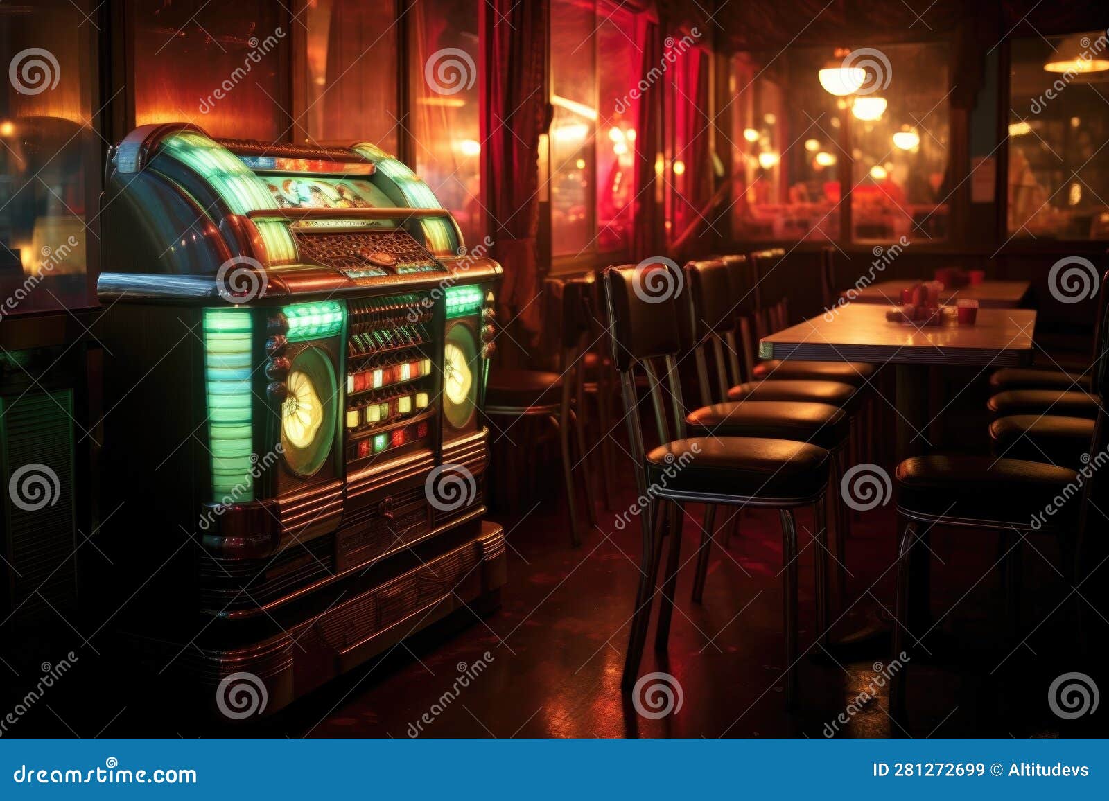 Dimly Lit Diner With Red Neon Sign And Booths Royalty-Free Stock ...