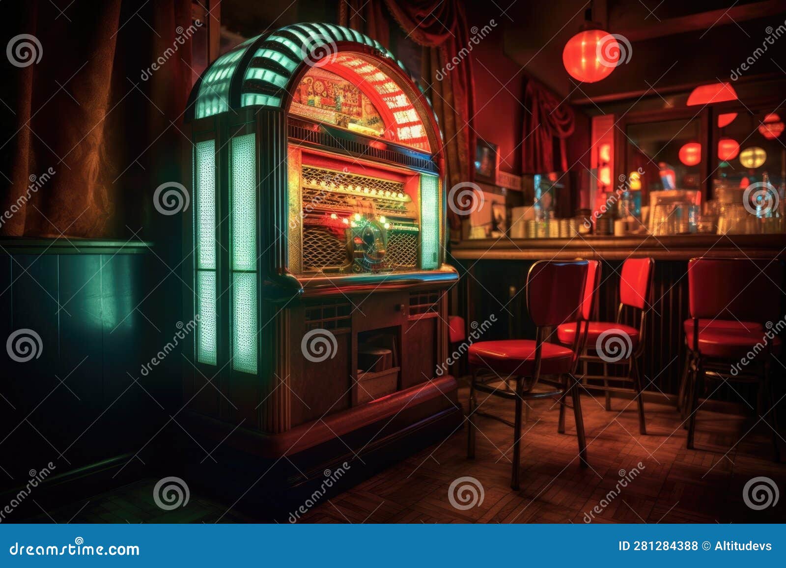Dimly Lit Diner With Red Neon Sign And Booths Royalty-Free Stock ...
