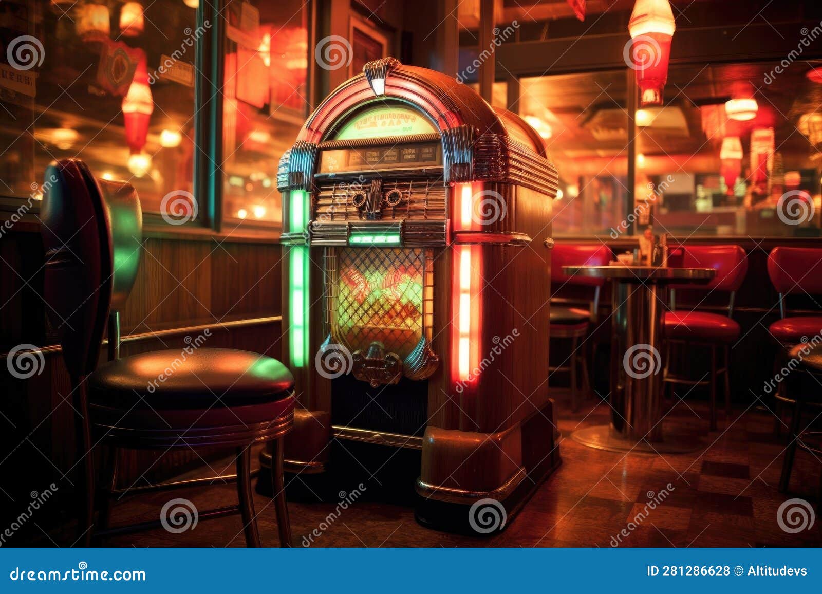 Dimly Lit Diner With Red Neon Sign And Booths Royalty-Free Stock ...