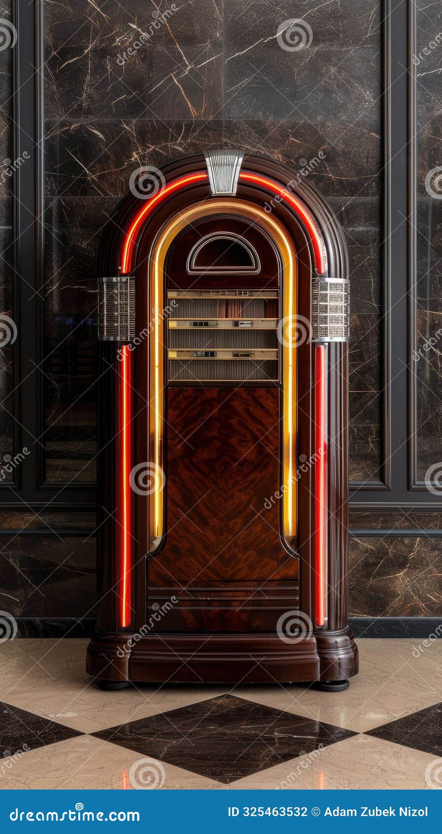 Vintage Jukebox with Neon Lights and Wood Paneling Stock Illustration ...