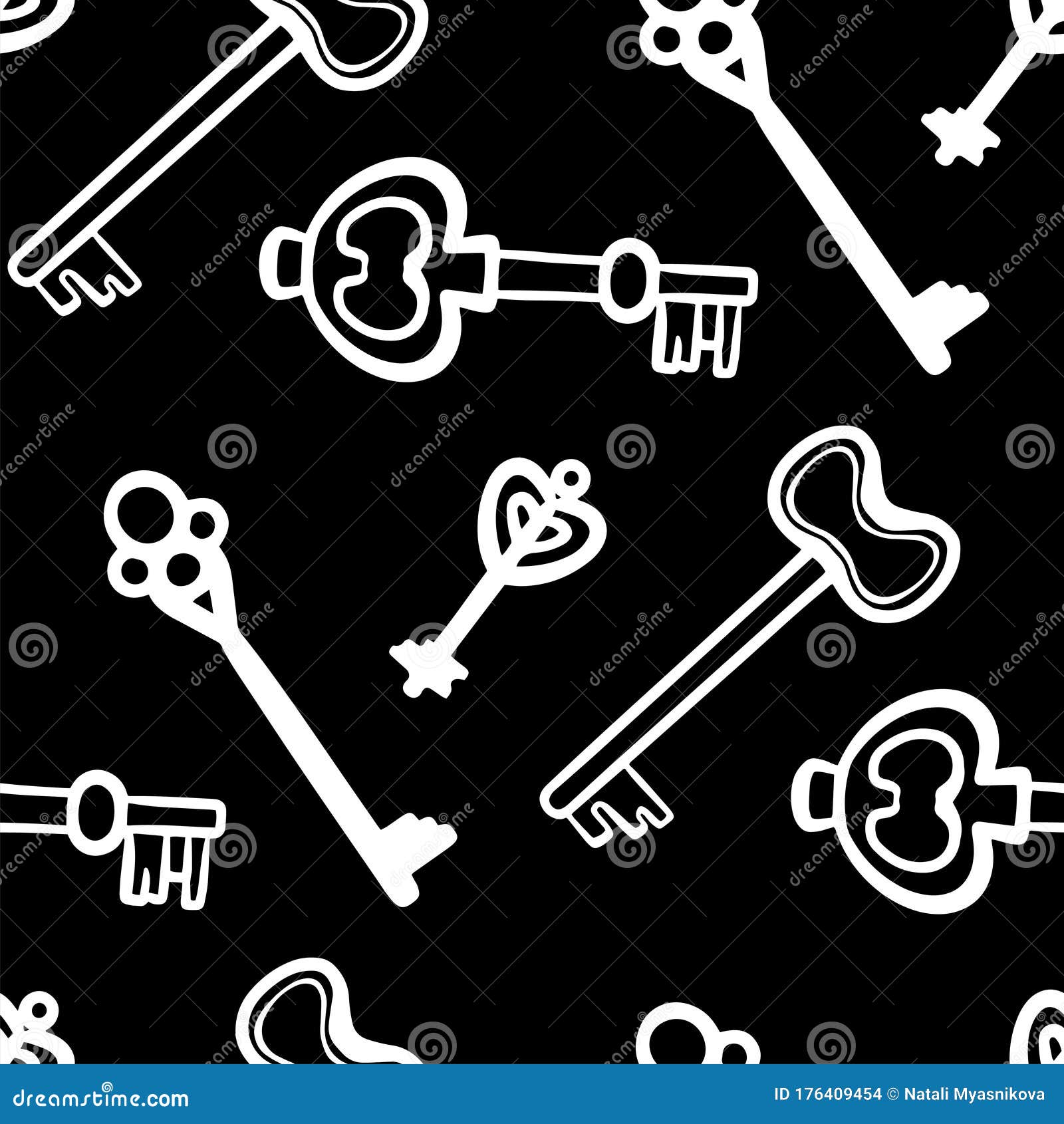 Vintage Key Vector Seamless Pattern. Keys in Hand Draw Style. Black and ...