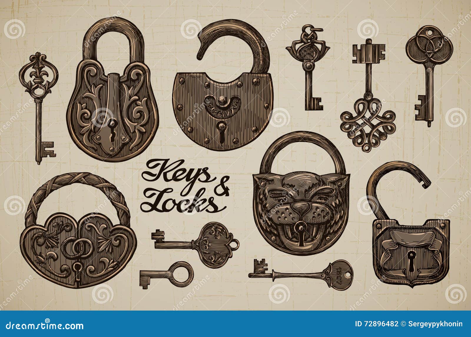 Vintage Keys and Locks. Hand-drawn Collection of Vector Retro Objects ...