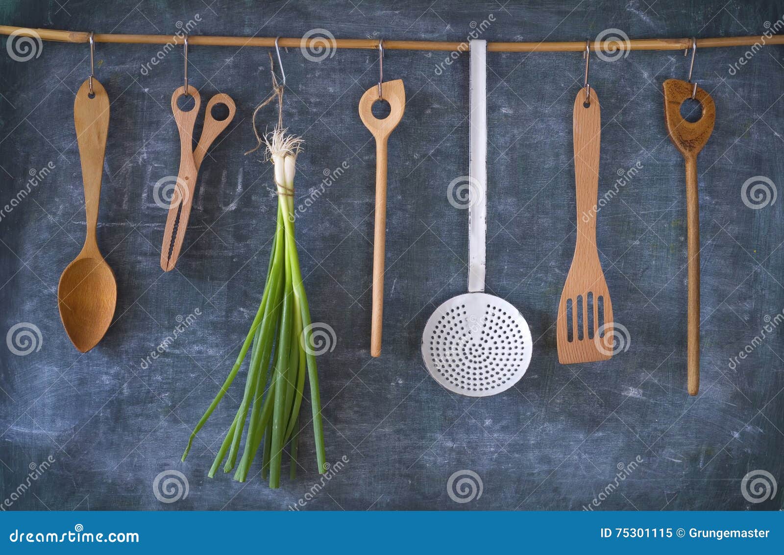 Vintage Kitchen Utensils and Green Onions, Stock Image - Image of ...