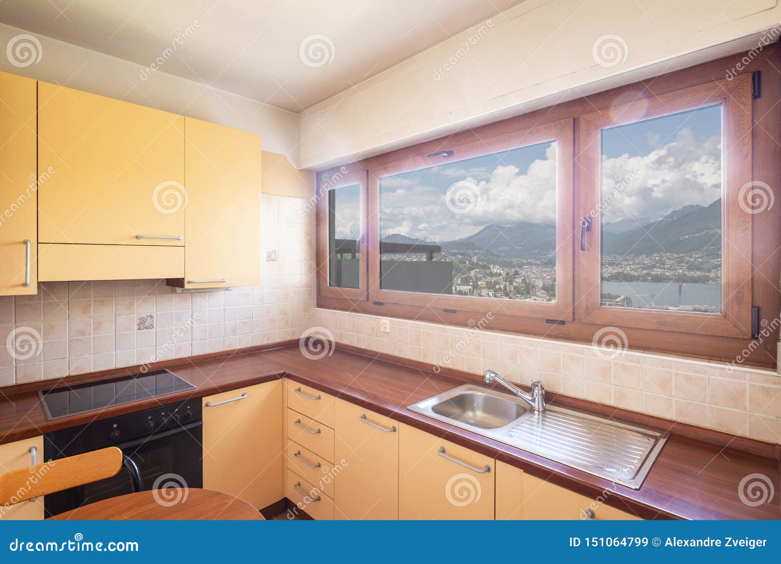 Vintage Kitchen with Window and Table with Stools Stock Image - Image ...