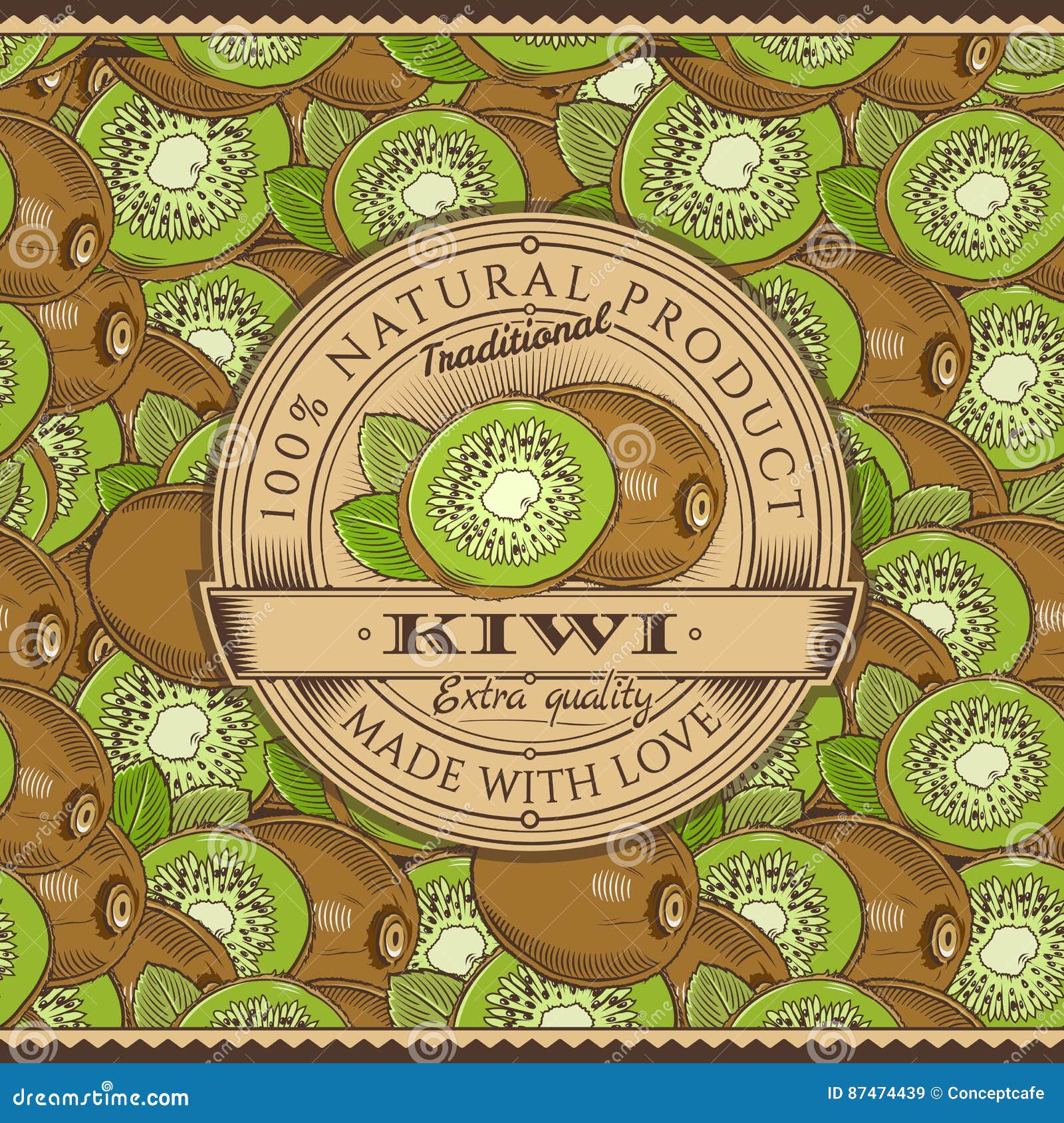 Vintage Kiwi Label on Seamless Pattern Ilustración del Vector ...