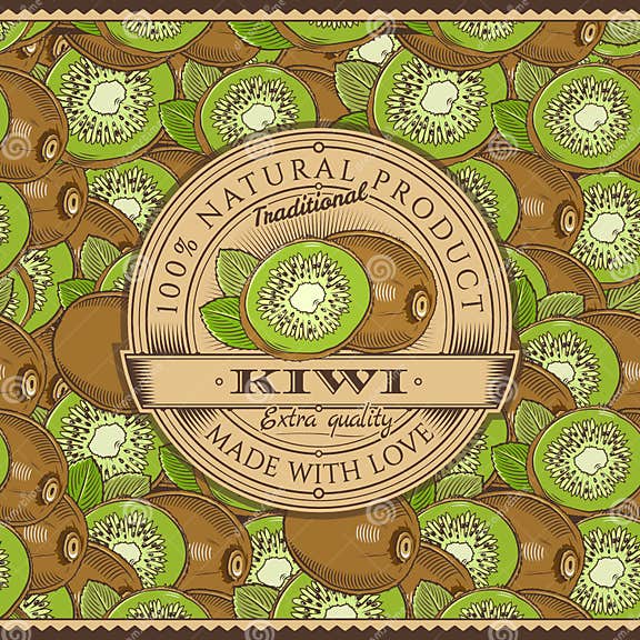 Vintage Kiwi Label on Seamless Pattern Ilustración del Vector ...