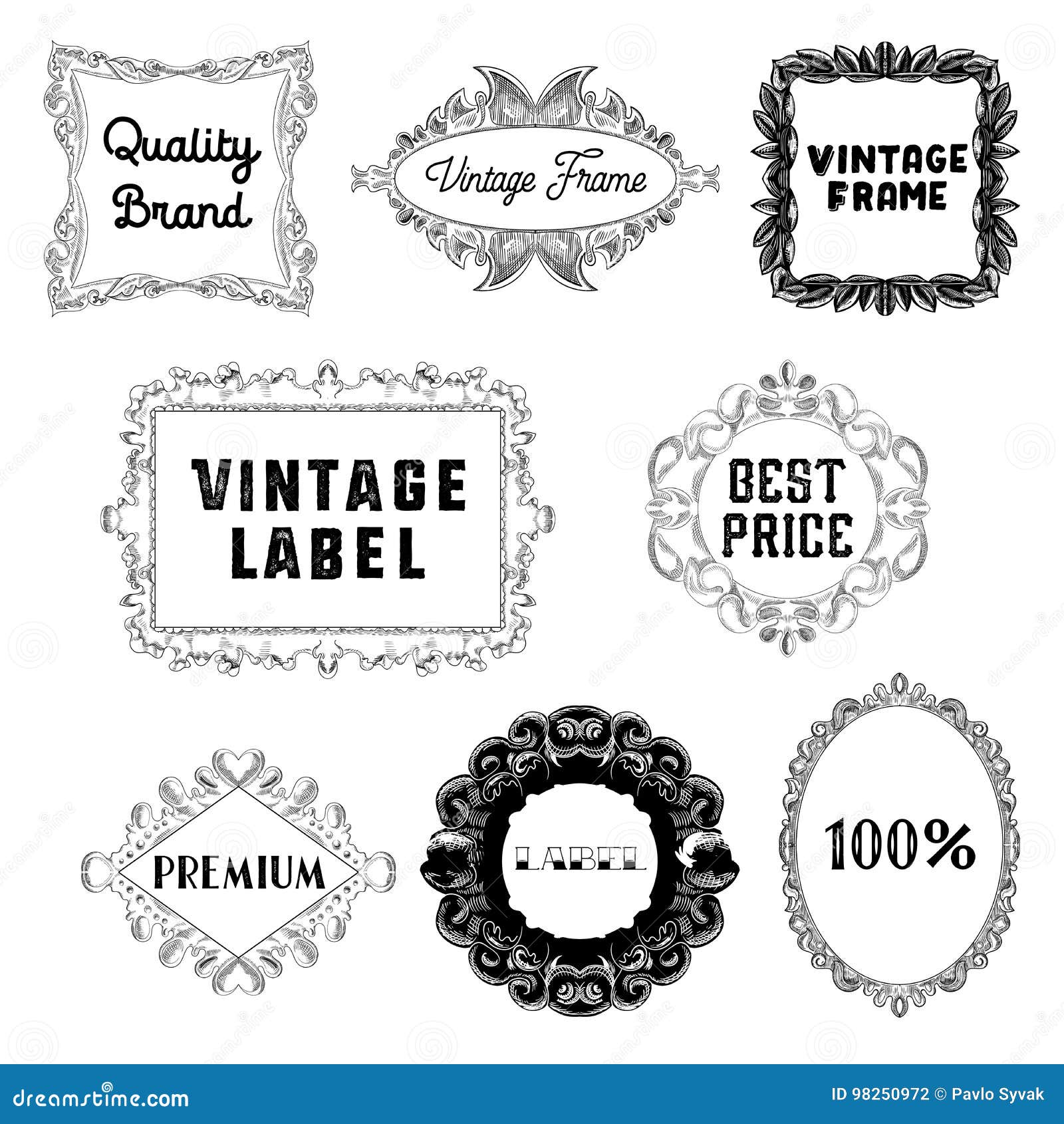 Vintage Label Frames Hand Drawn Set. Retro Decorative Design Elements ...