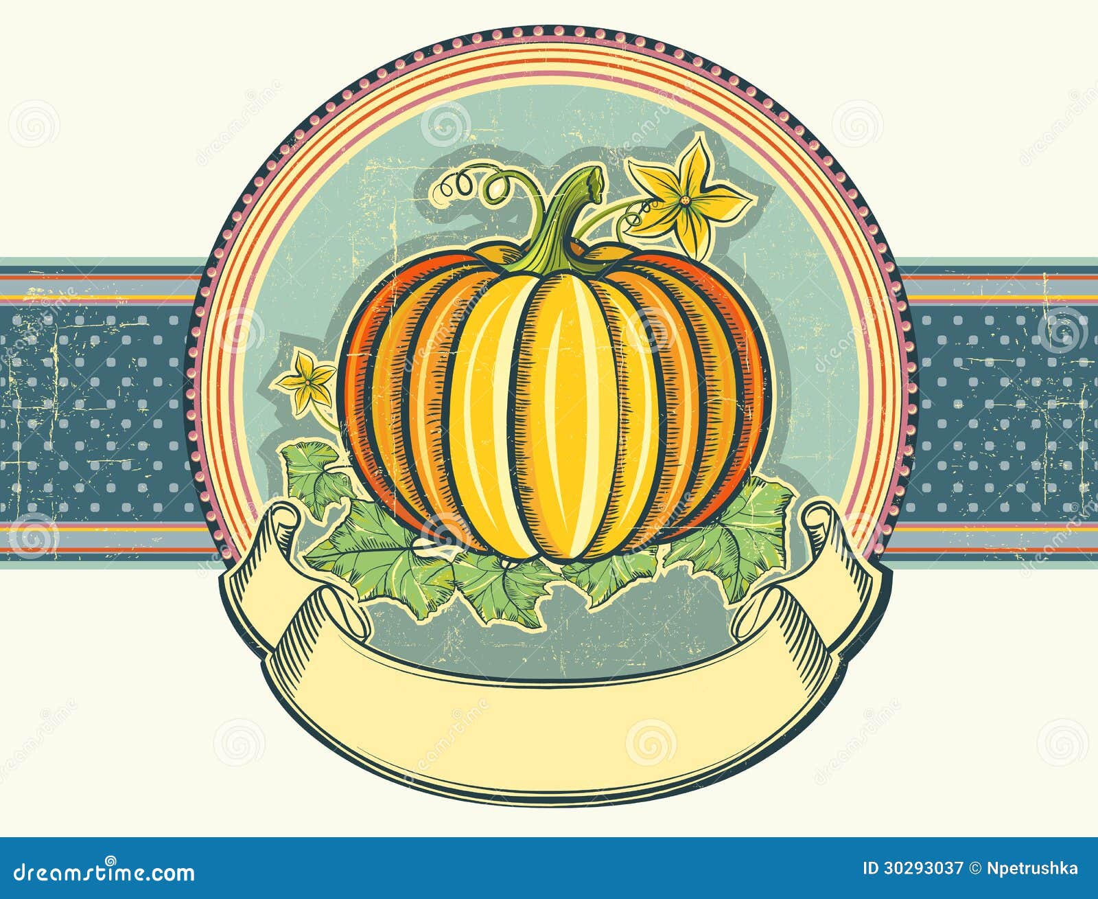 Pumpkin Vintage Label Illustration On Old Paper. Cartoon Vector ...