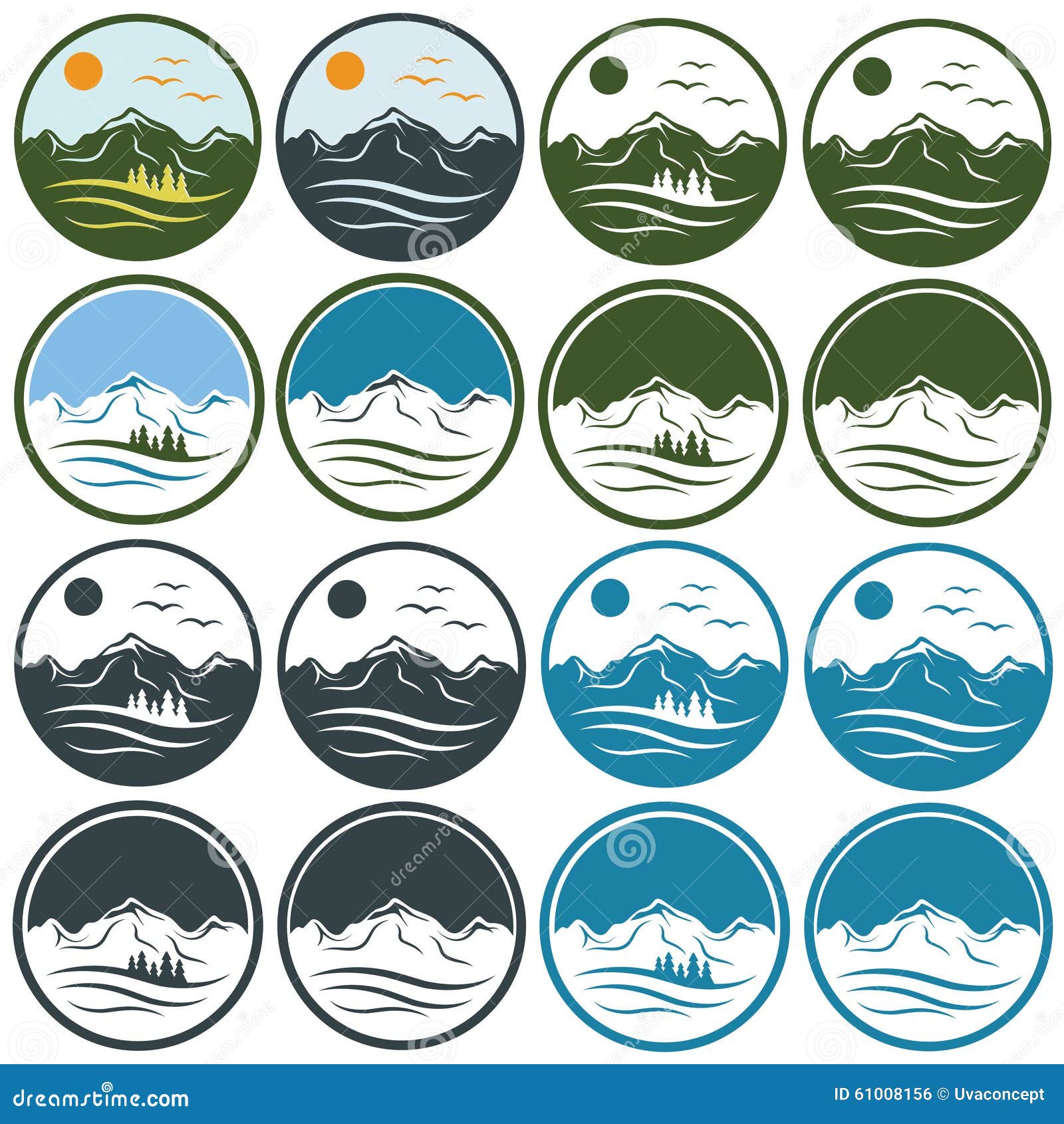 Vintage Labels with Mountains ,pines,sun and Birds Stock Vector ...