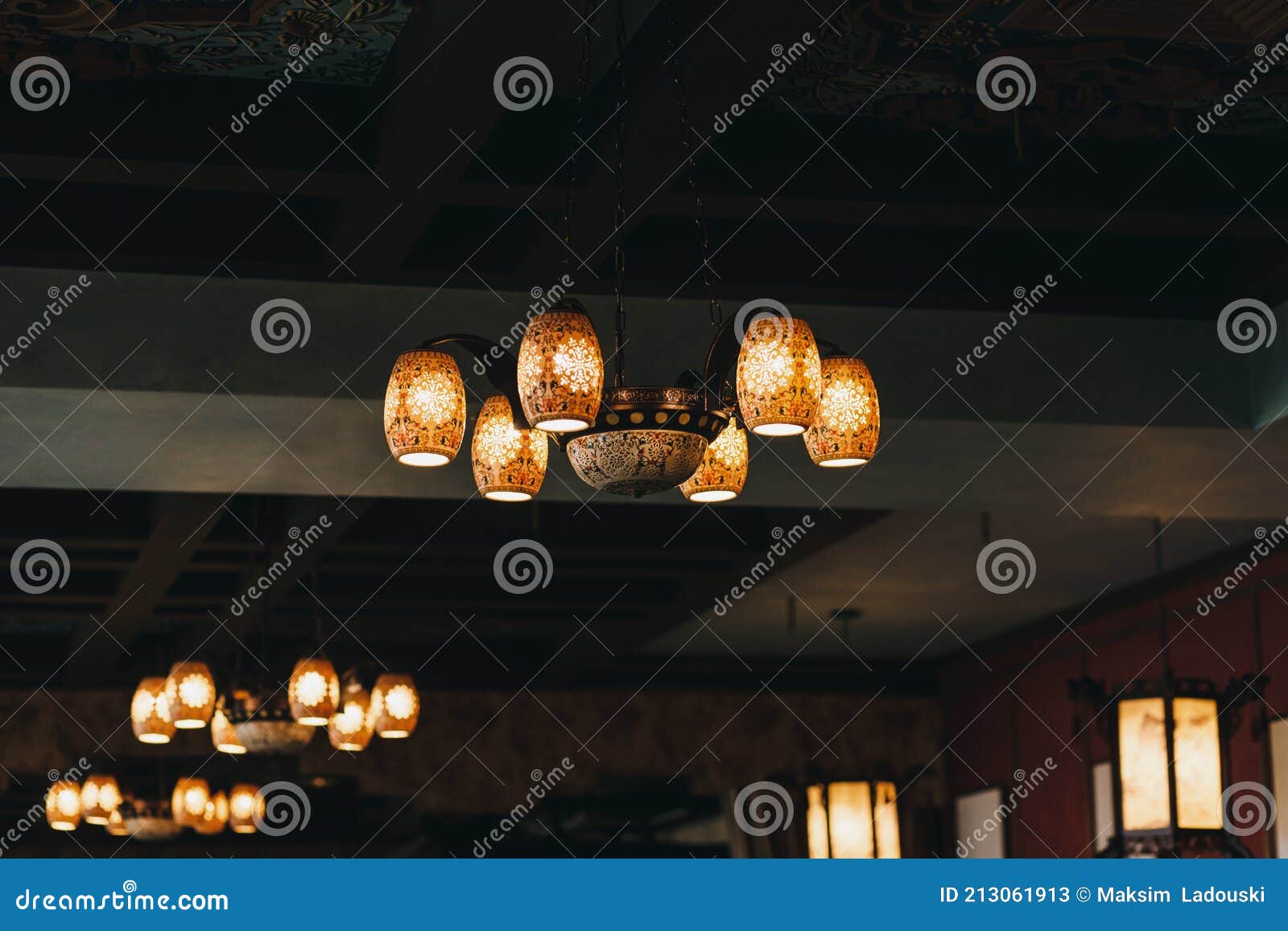 Vintage lamp in the cafe stock image. Image of dark - 213061913
