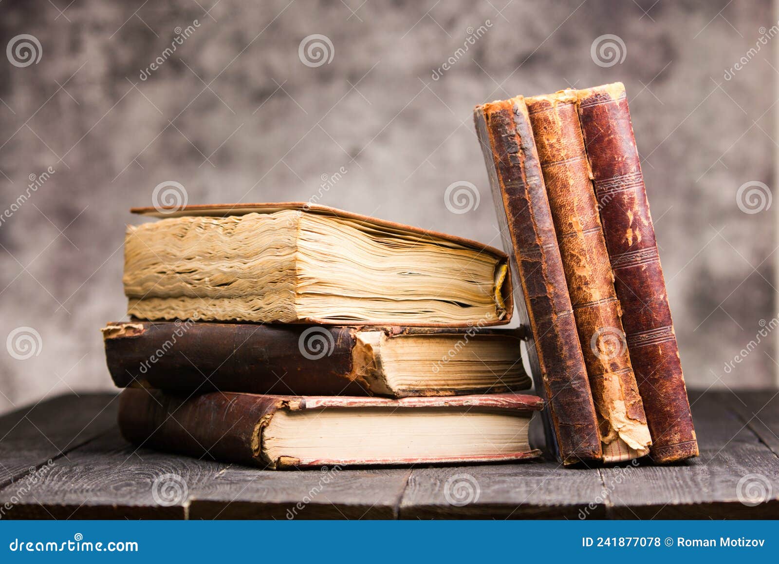 Vintage Leather Books Stack on Old Rustic Wooden Surface Stock Photo ...