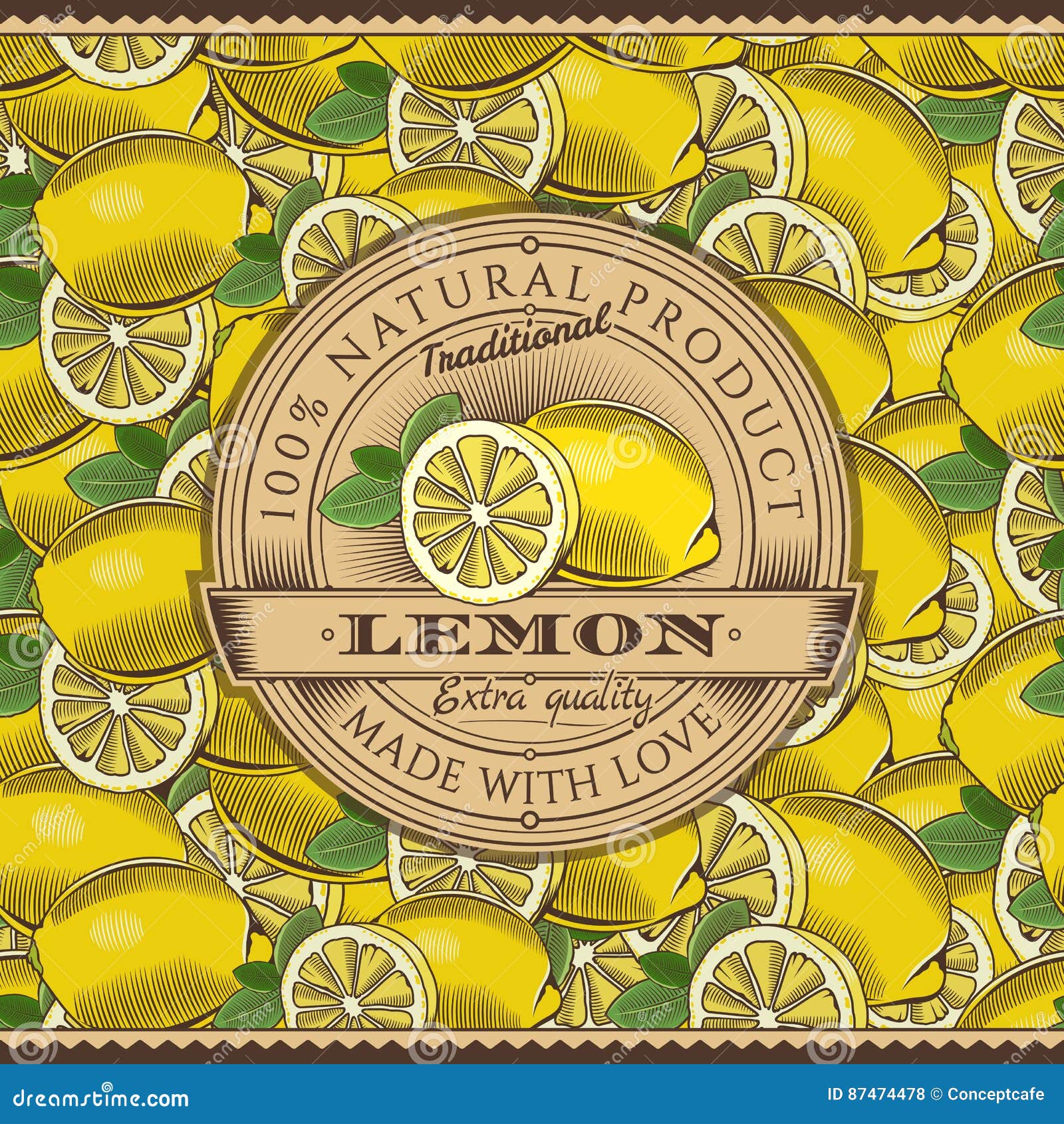 Vintage Lemon Label on Seamless Pattern Stock Vector - Illustration of ...