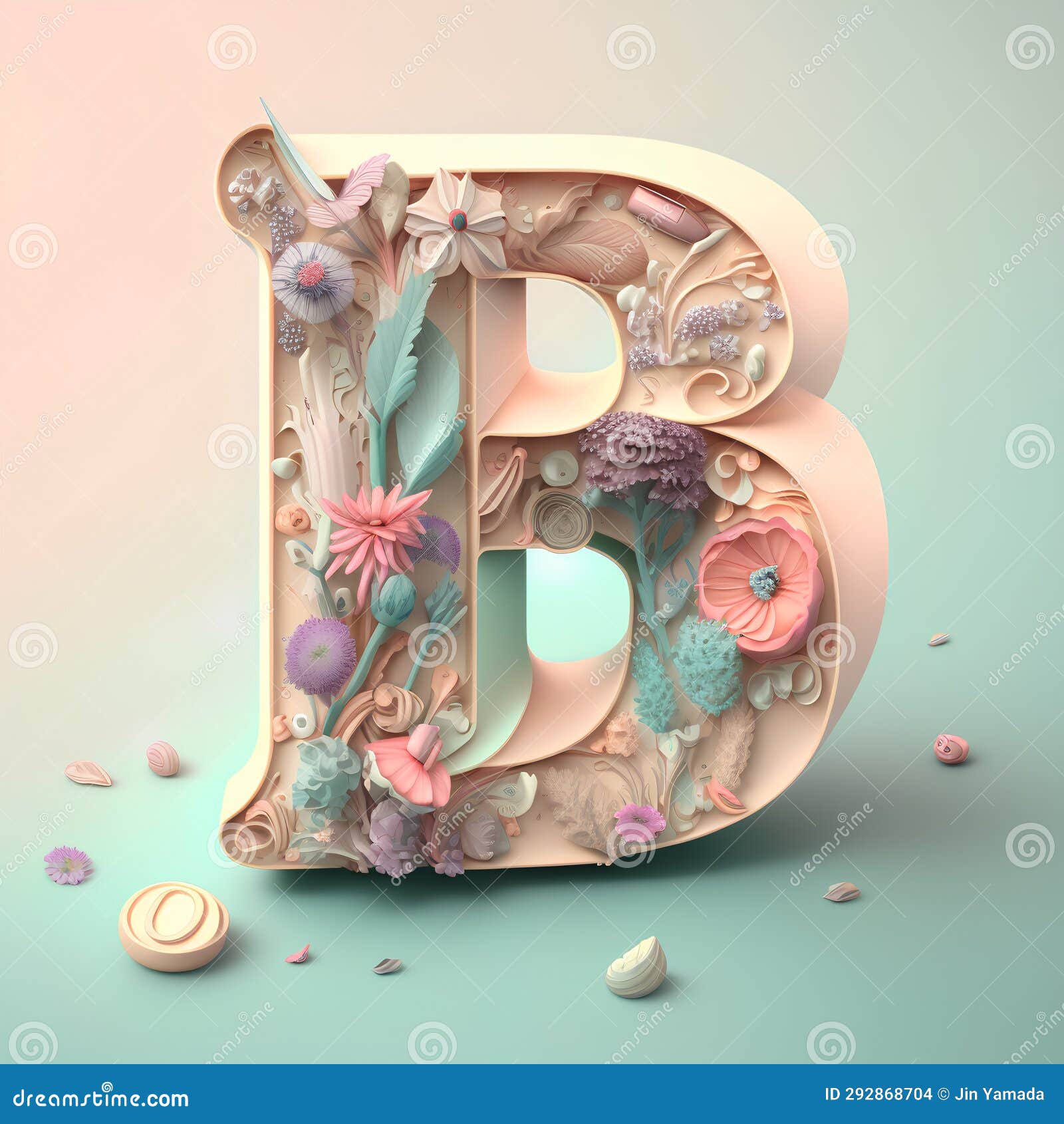 Vintage Letter B with Flowers and Leaves. 3D Rendering Stock ...