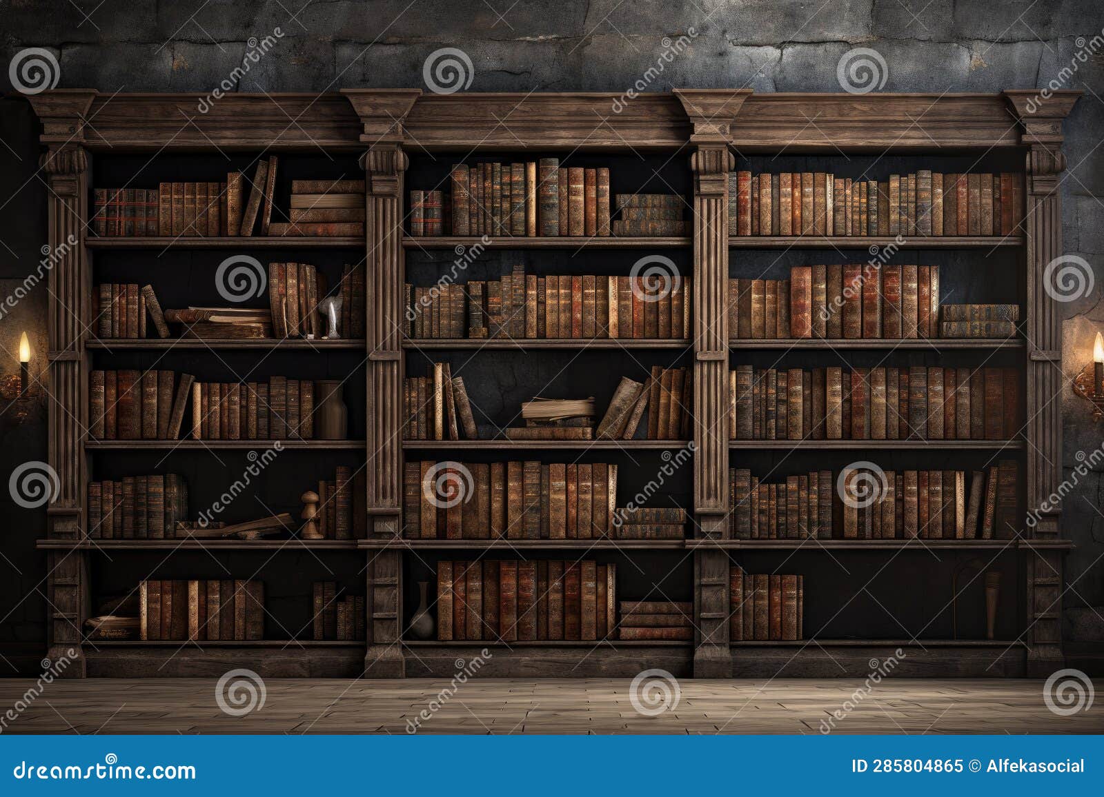 Vintage Library Bookcase and Old Books Lined Up on the Shelves ...