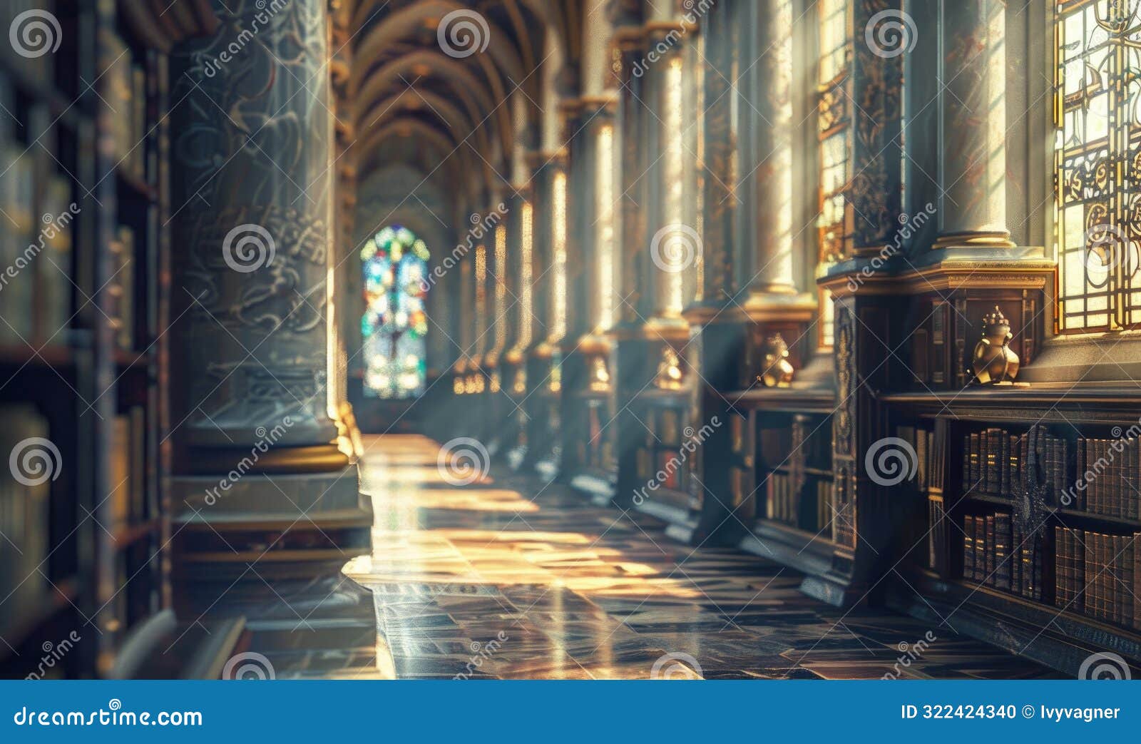 Vintage Library Setting with Ornate Columns, Stained Glass Window Stock ...