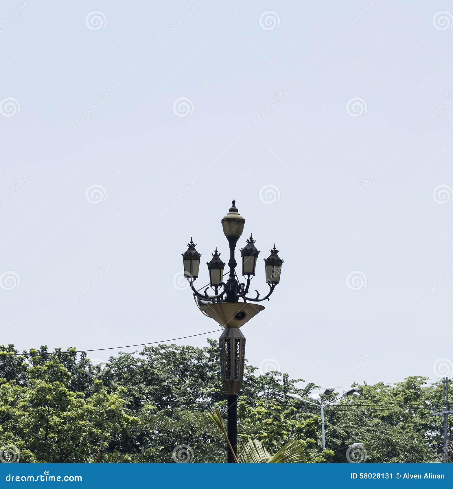 Vintage Four-Way Light Post on the Street Stock Image - Image of ...
