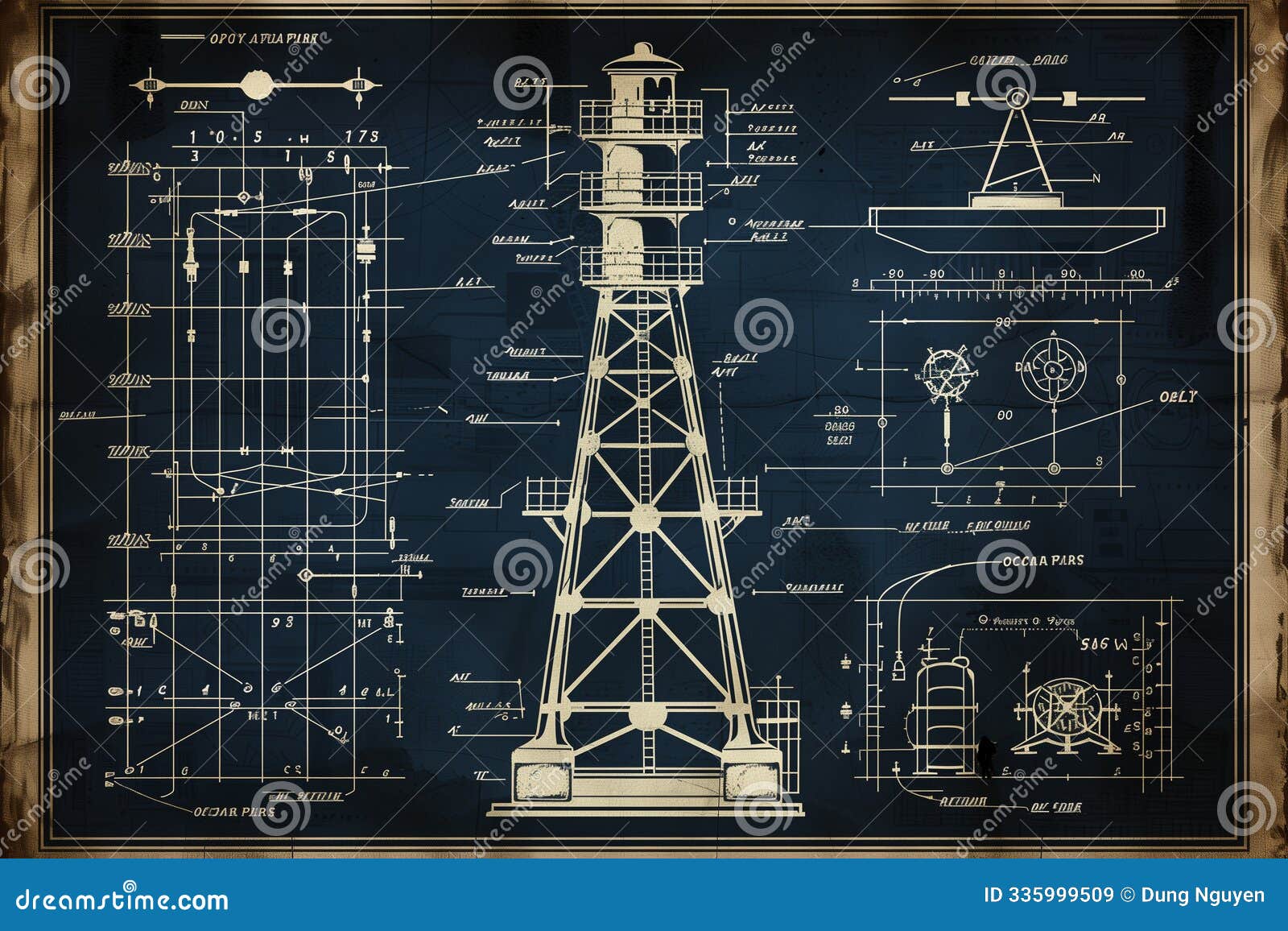 Vintage Lighthouse Blueprint with Detailed Design & Construction Stock ...