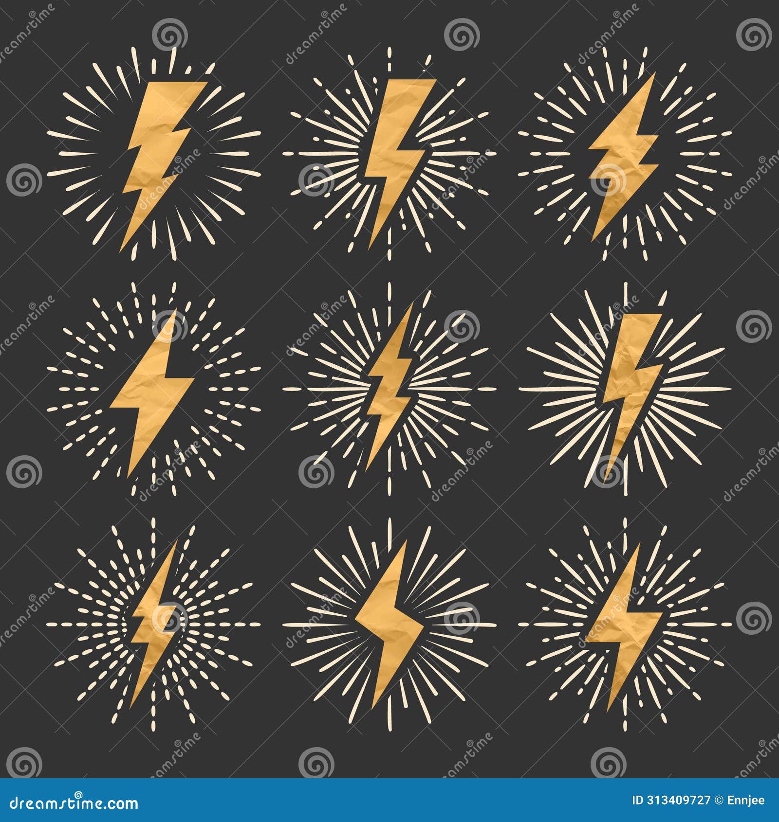 Vintage Lightning Bolt and Sunrays. Lightnings with Crumpled Paper ...