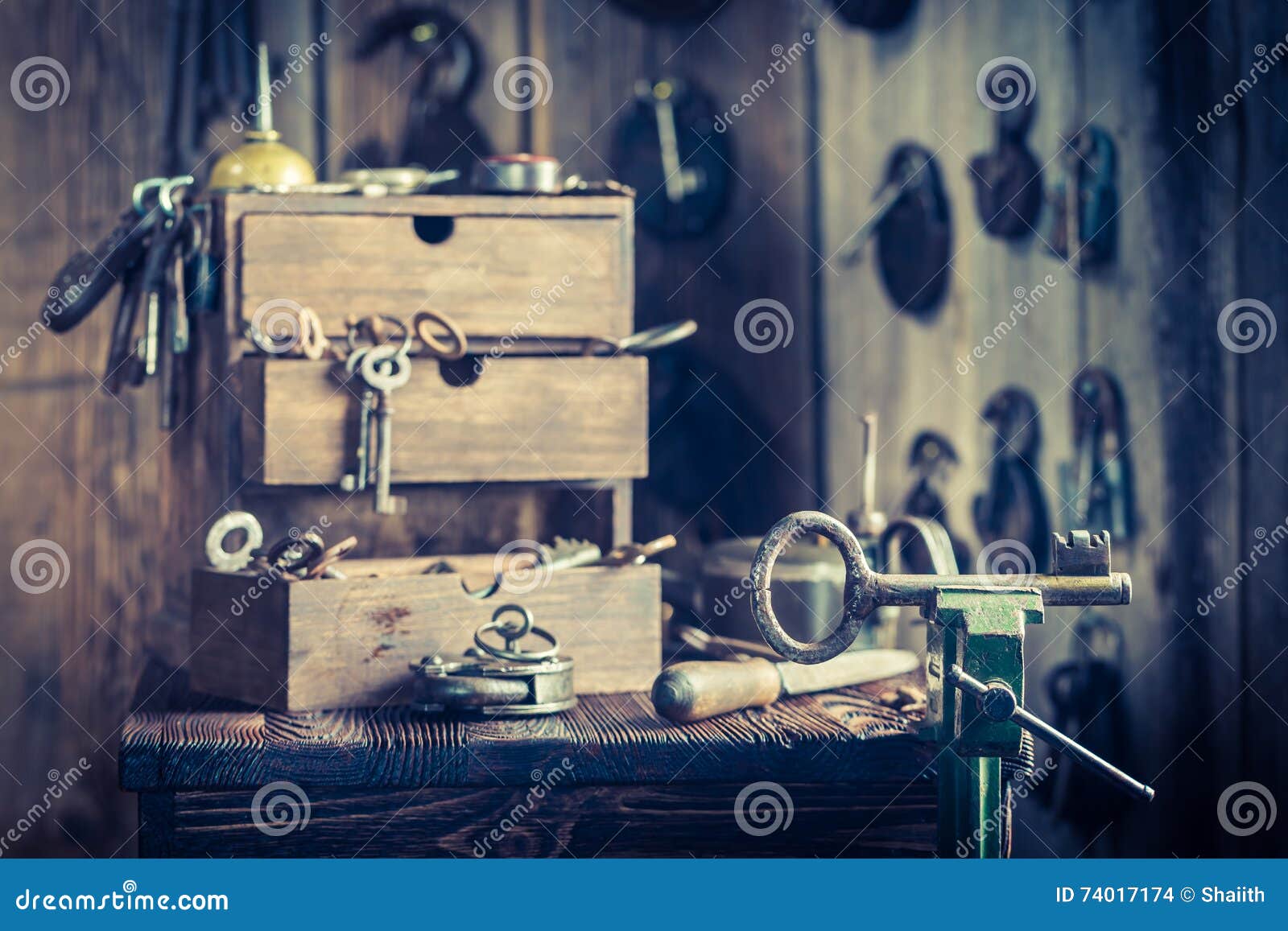 Vintage Locksmiths Workshop with Keys and Locks Stock Photo - Image of ...