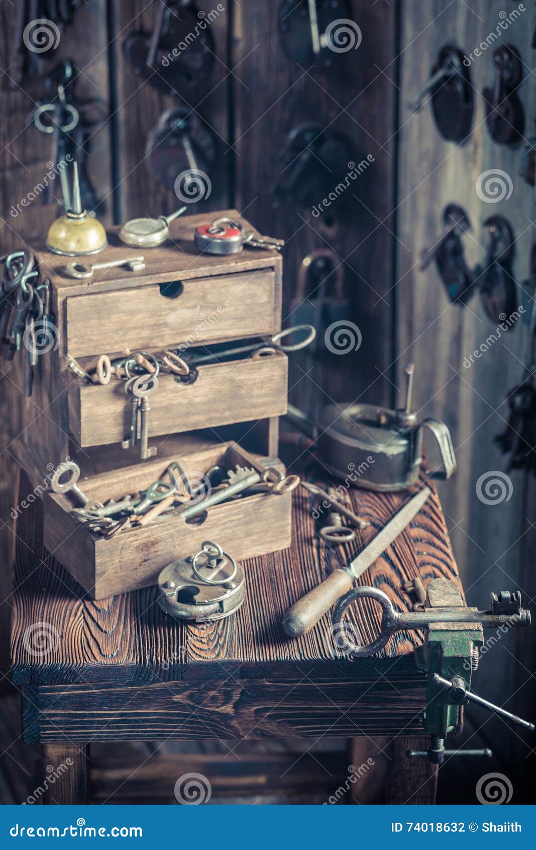 Vintage Locksmiths Workshop with Tools, Locks and Keys Stock Photo ...