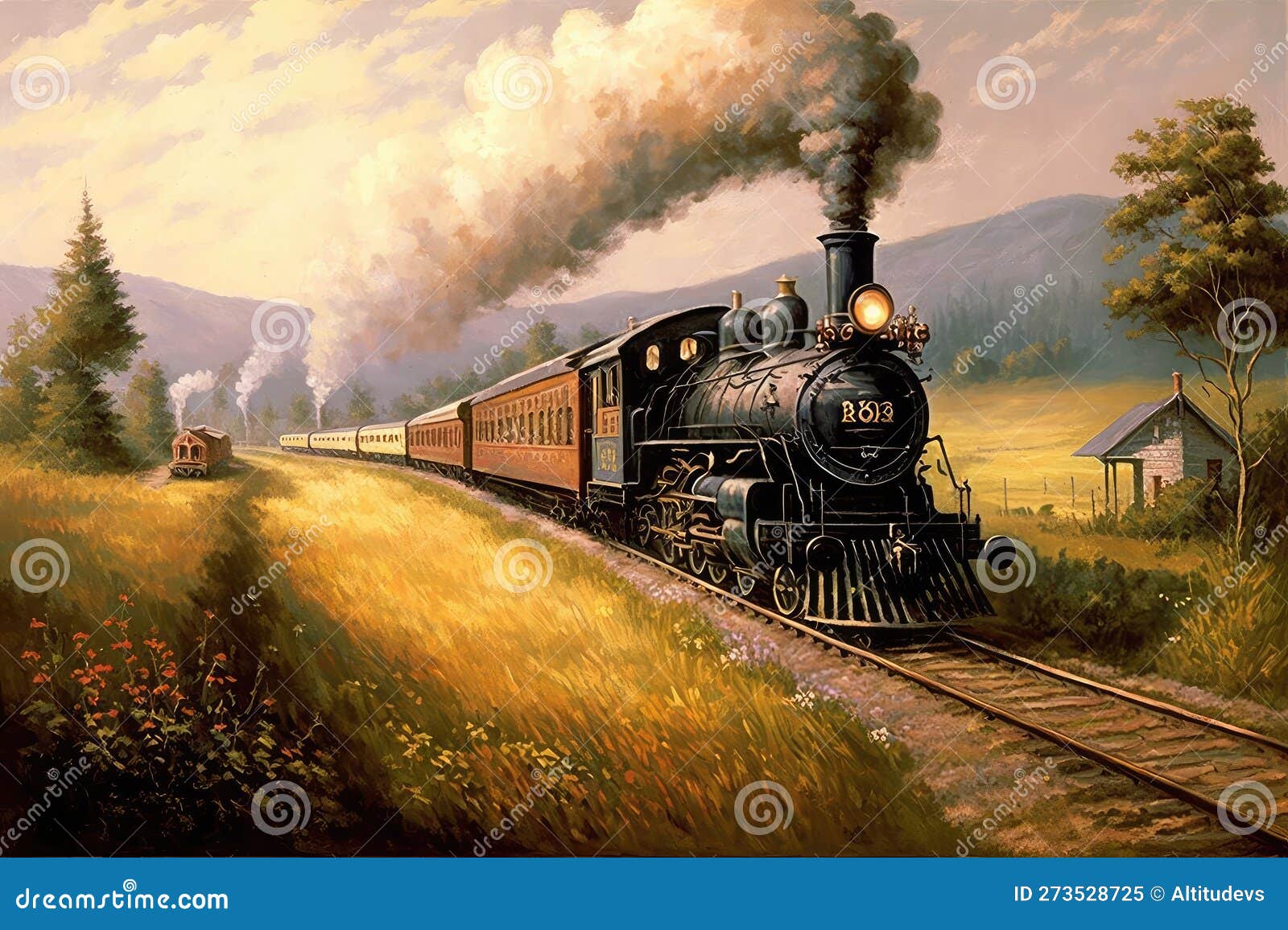 Vintage Locomotive Pulling Passenger Train through Peaceful Countryside ...