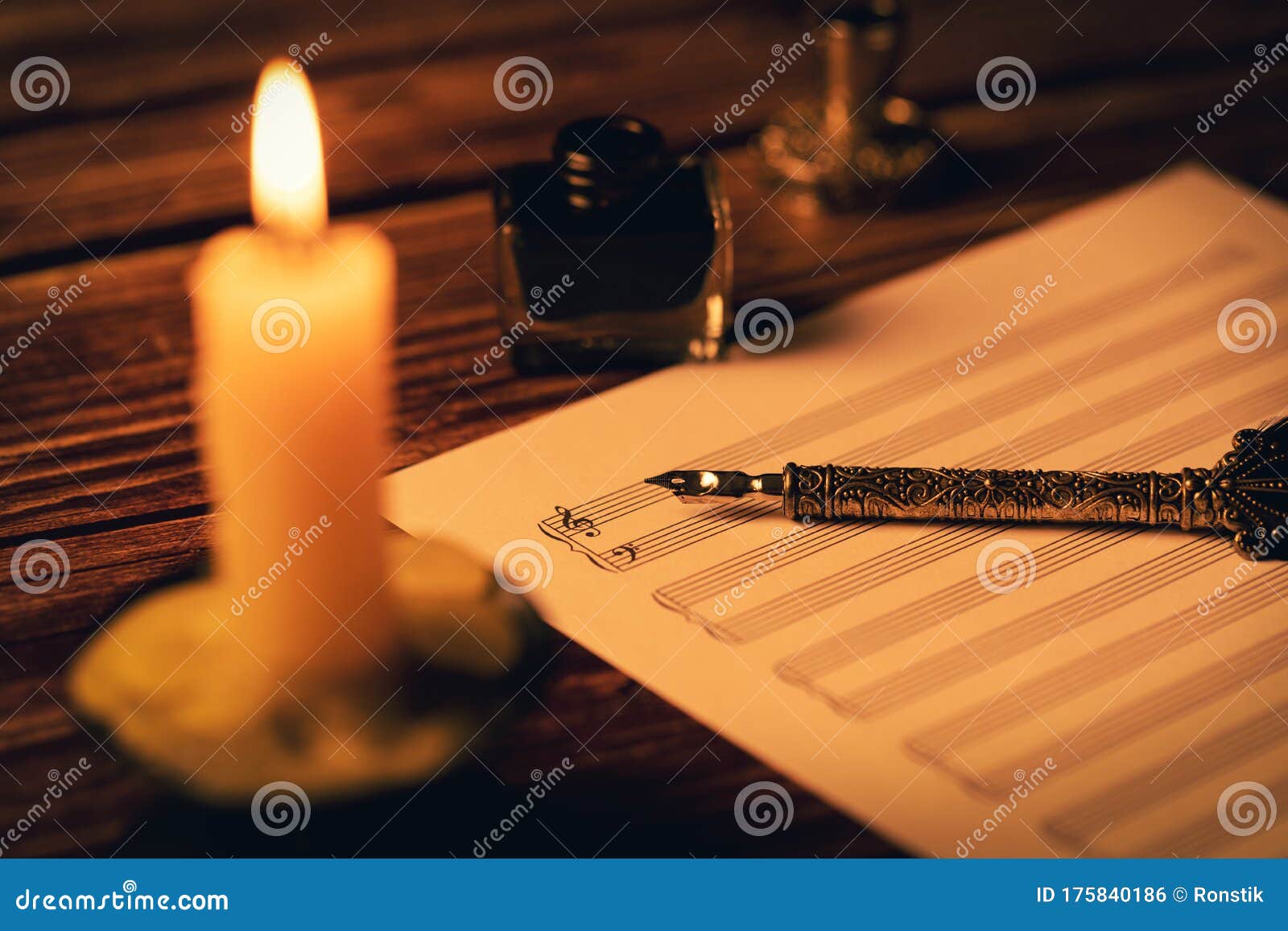 Vintage Manuscript - Writing Musical Notes in Candlelight Stock Photo ...