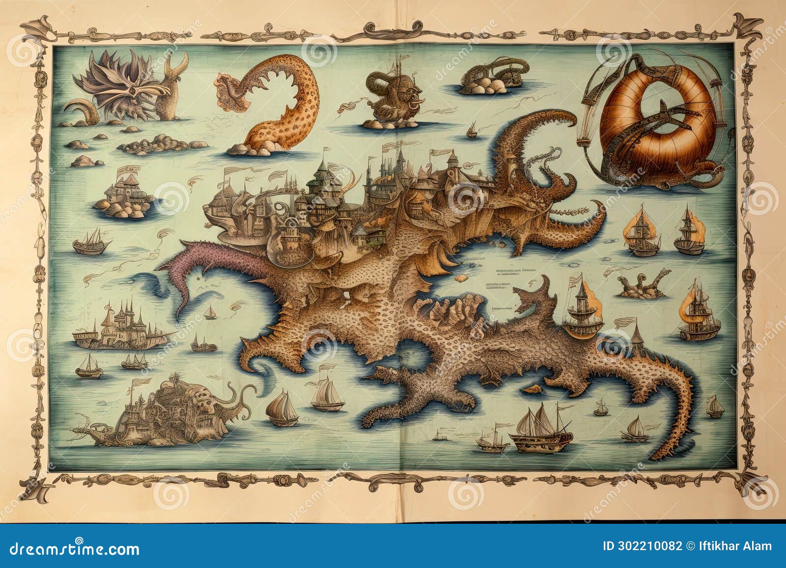 Vintage Map of the Ancient World with Dragons and Ships in the ...