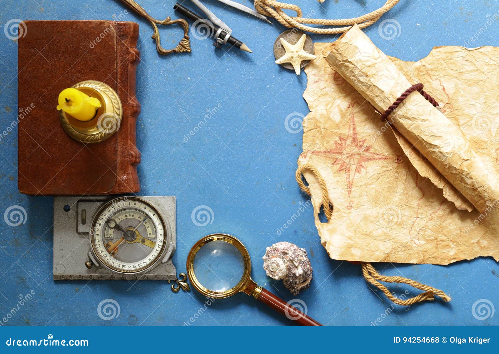 Vintage Map, Compass, Magnifier - Adventure and Treasure Stock Photo ...