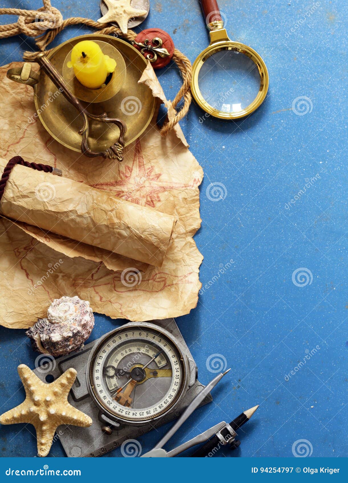 Vintage Map, Compass, Magnifier - Adventure and Treasure Stock Image ...