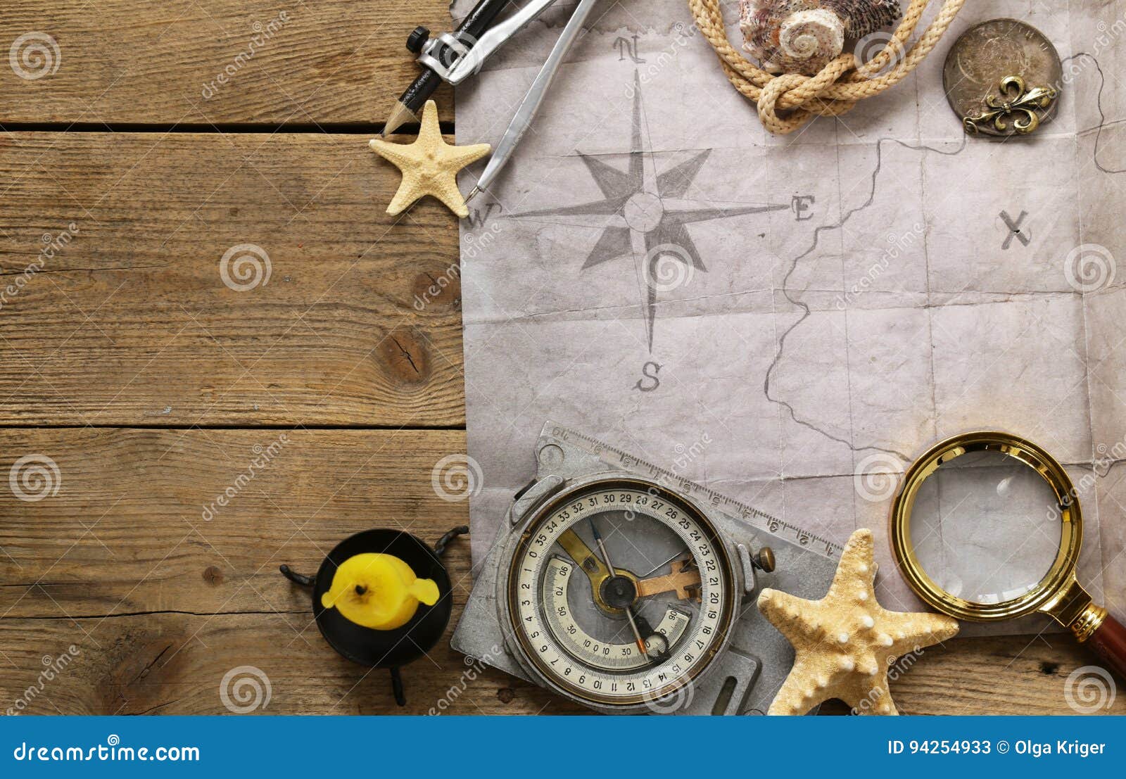 Vintage Map, Compass, Magnifier - Adventure and Treasure Stock Image ...