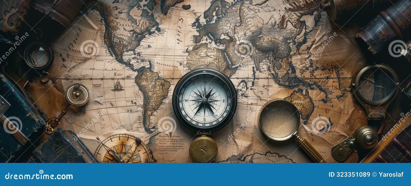 Vintage Map with Compass and Magnifying Glass is Shown. Scene Includes ...