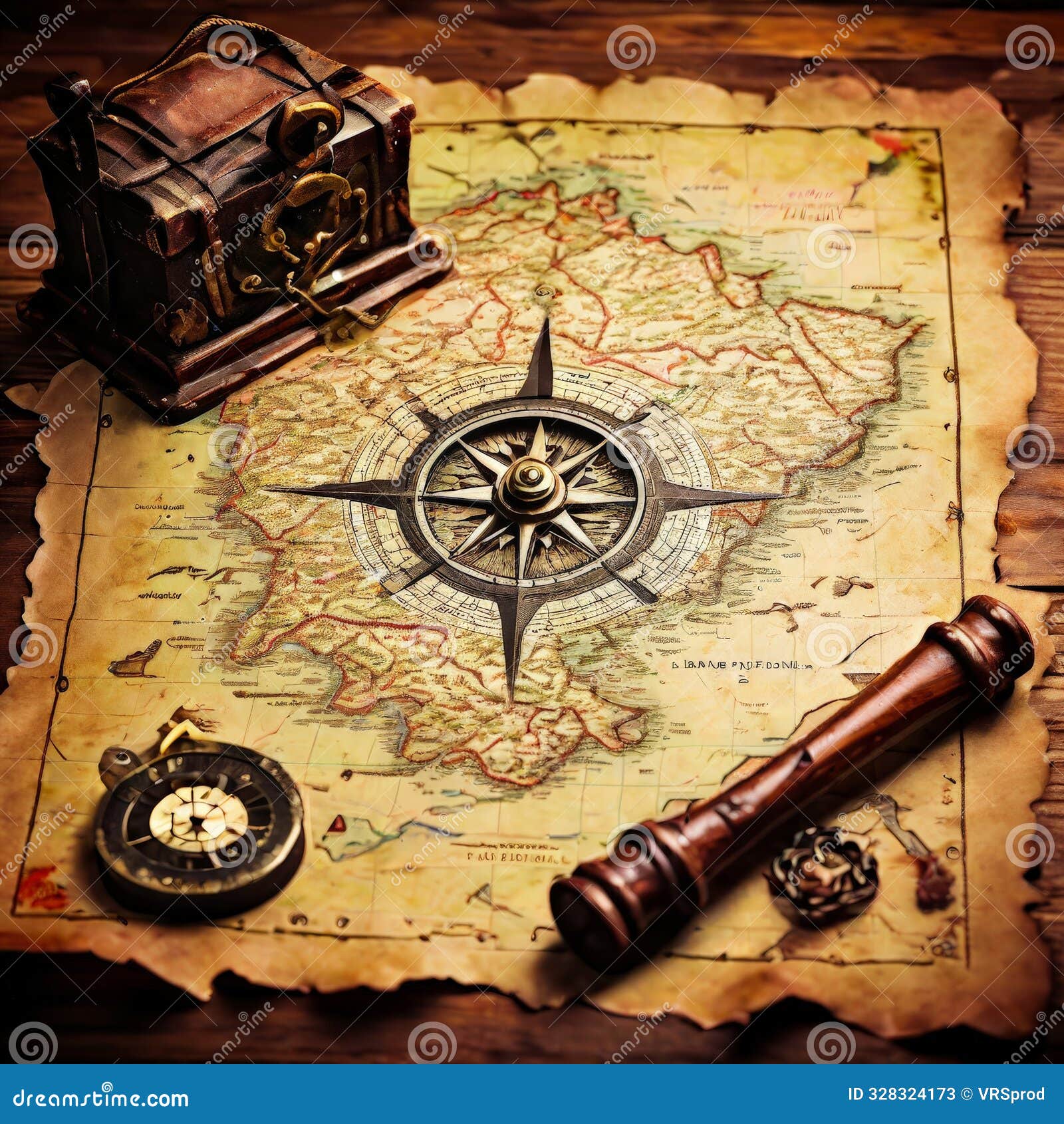 Vintage Map with Compass and Navigational Tools Stock Image - Image of ...