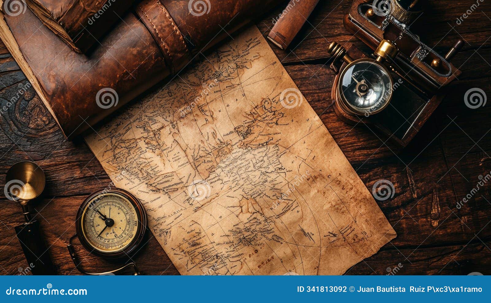 Vintage Map with Compass and Old Leather Book on Wooden Table Stock Photo - Image of nostalgic ...