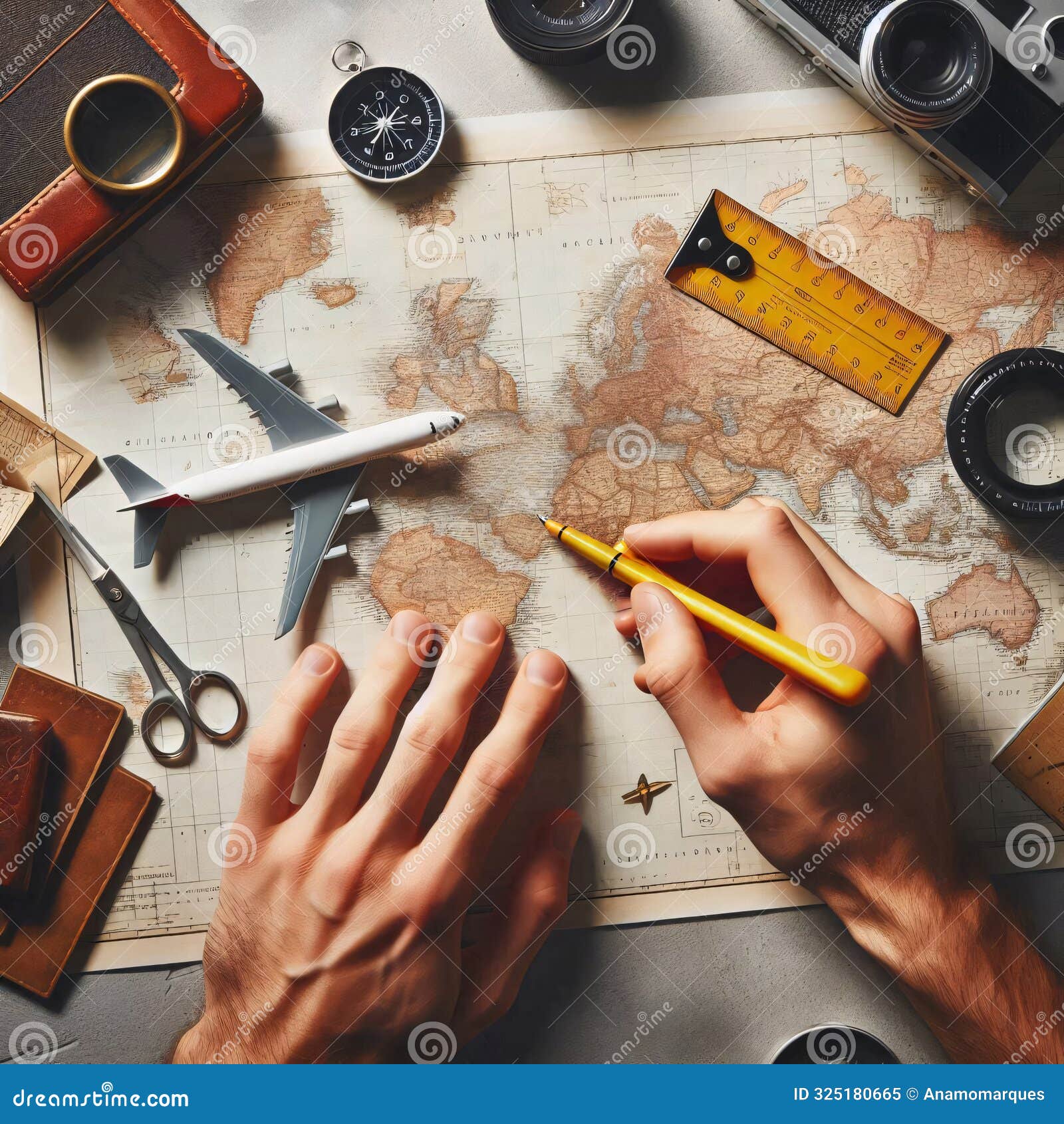 A Vintage Map with Hands Plotting a Course Using a Compass and Plane ...