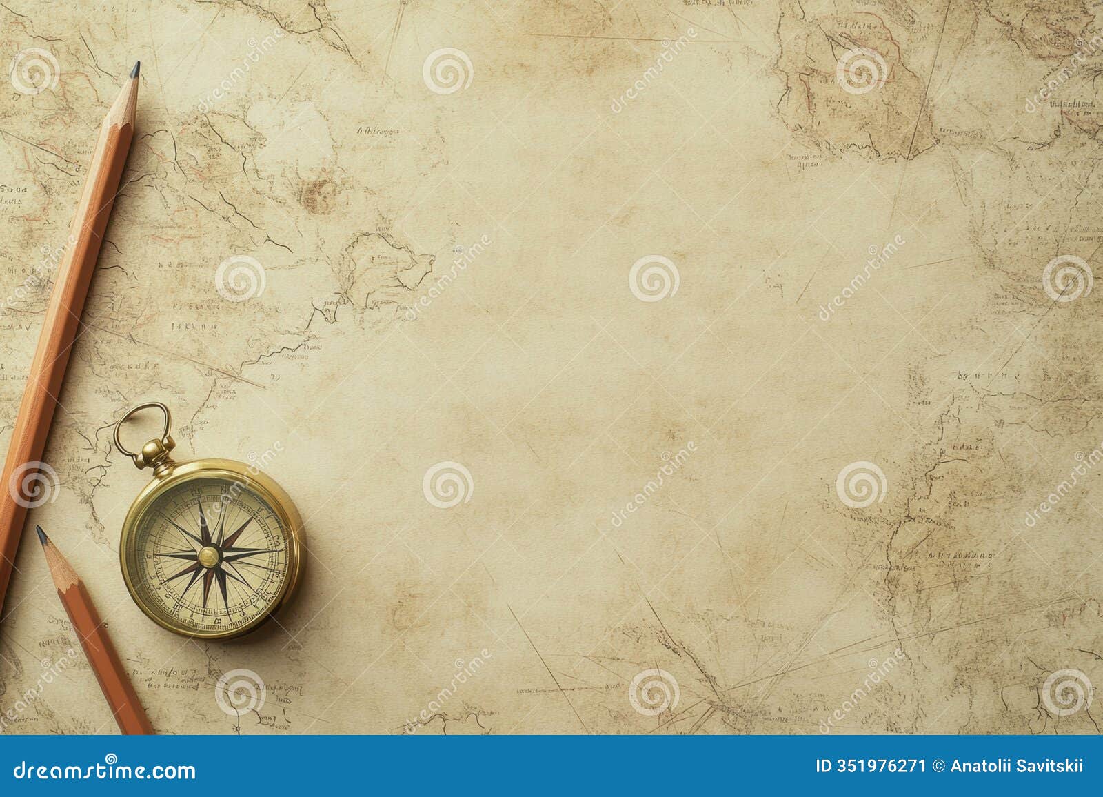Vintage Map Layout with Compass and Pencils Ideal for Travel Planning ...