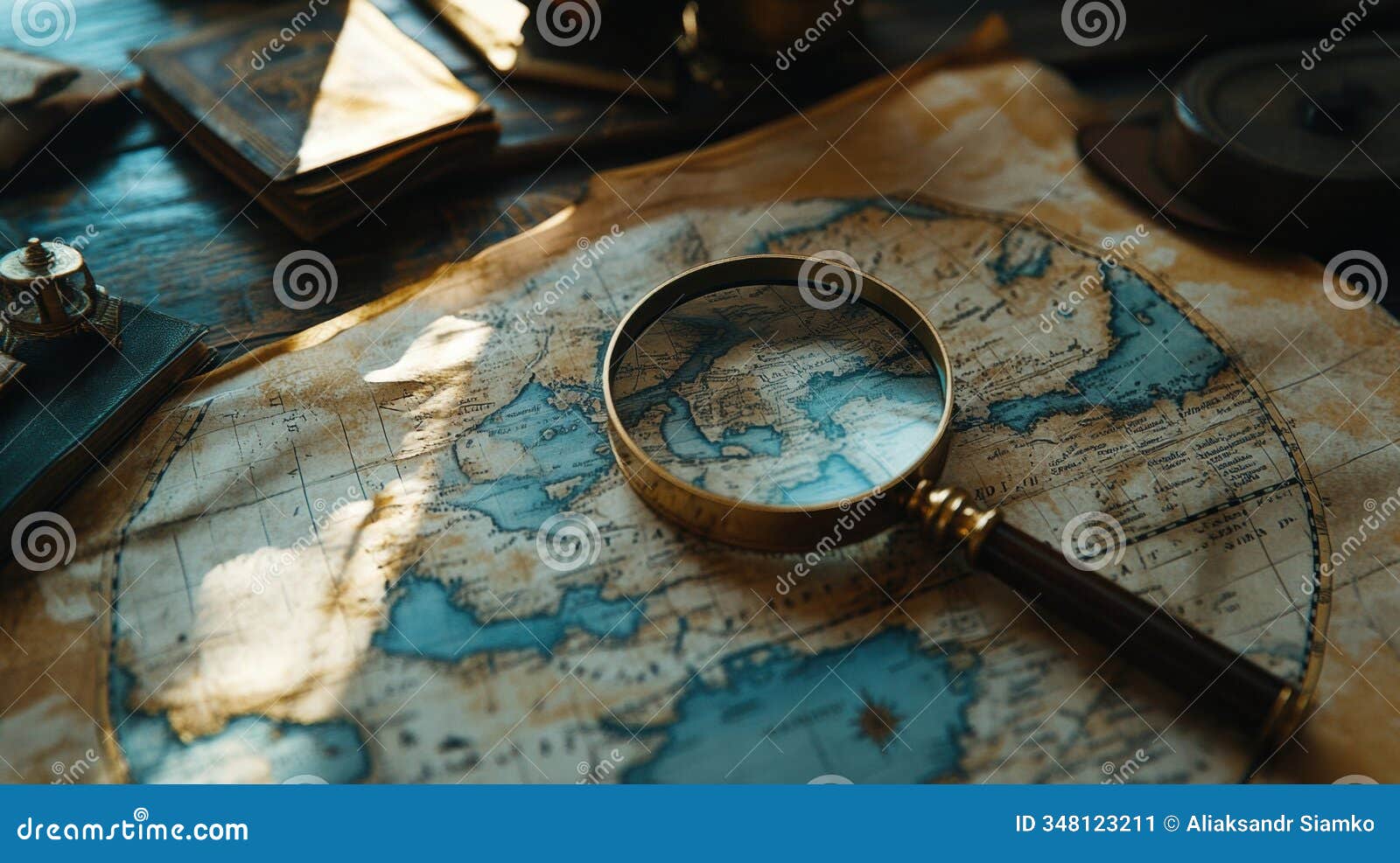 Vintage Map with a Magnifying Glass Evoking Themes of Exploration Stock ...