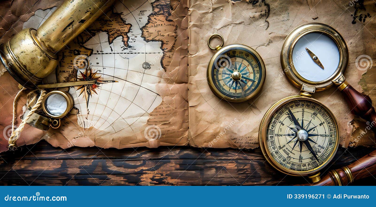 A Vintage Map with Navigational Tools Like a Compass and Telescope ...