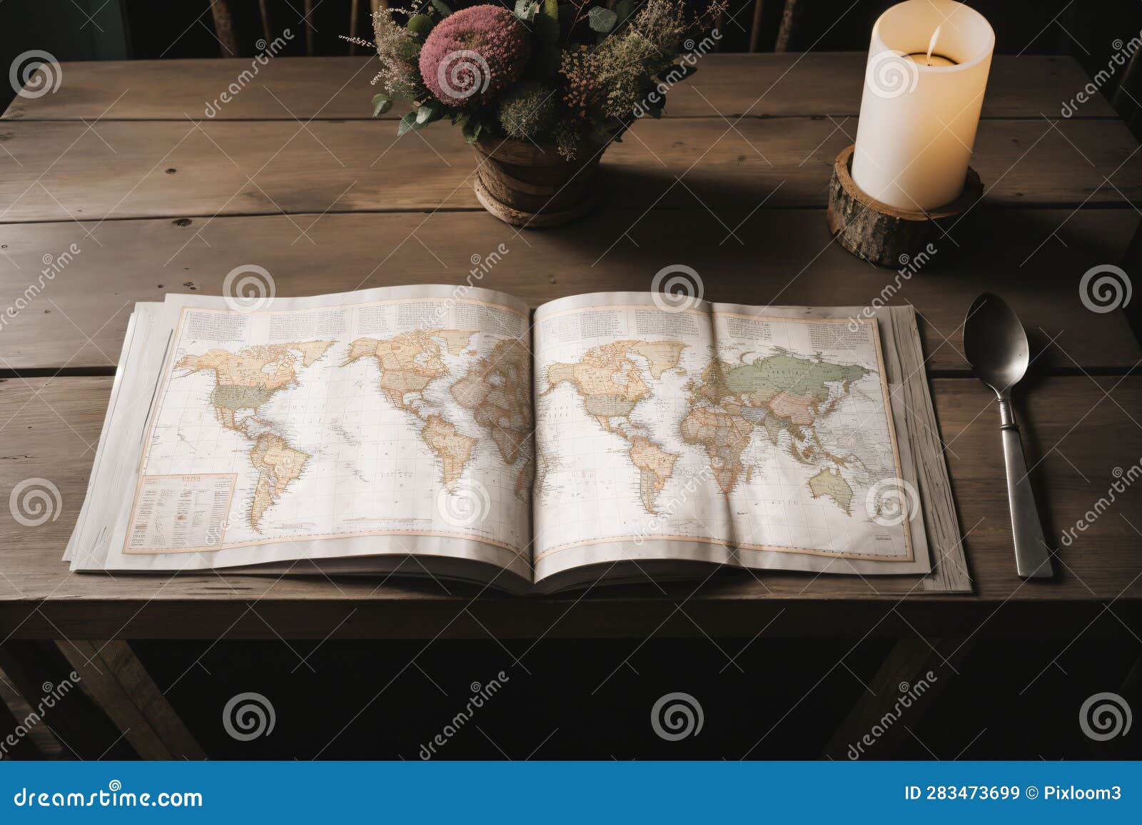 Vintage Map Spread Out on a Rustic Table Stock Illustration ...