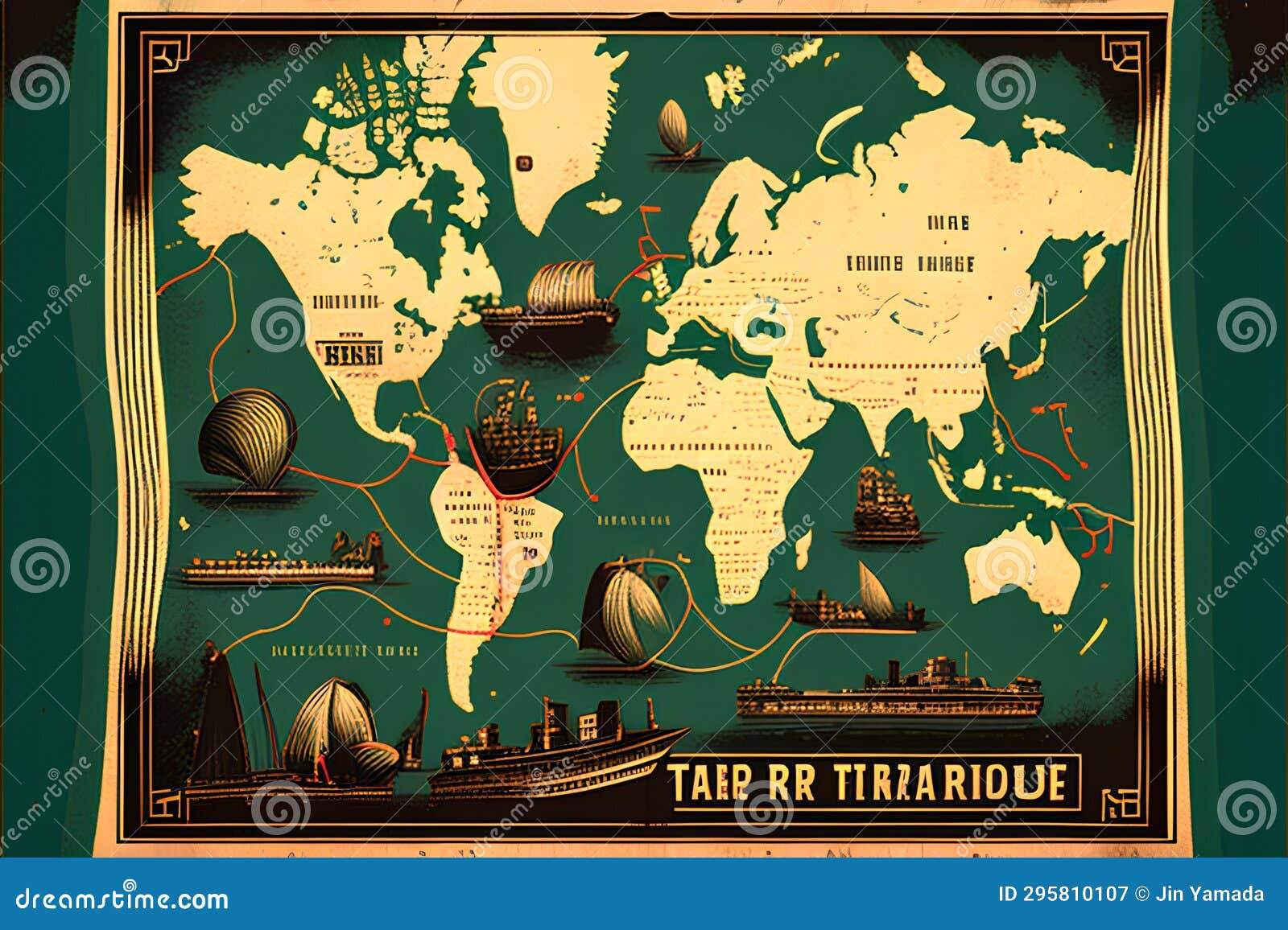 Vintage Map of the World with Ships and Boats, Vector Illustration ...