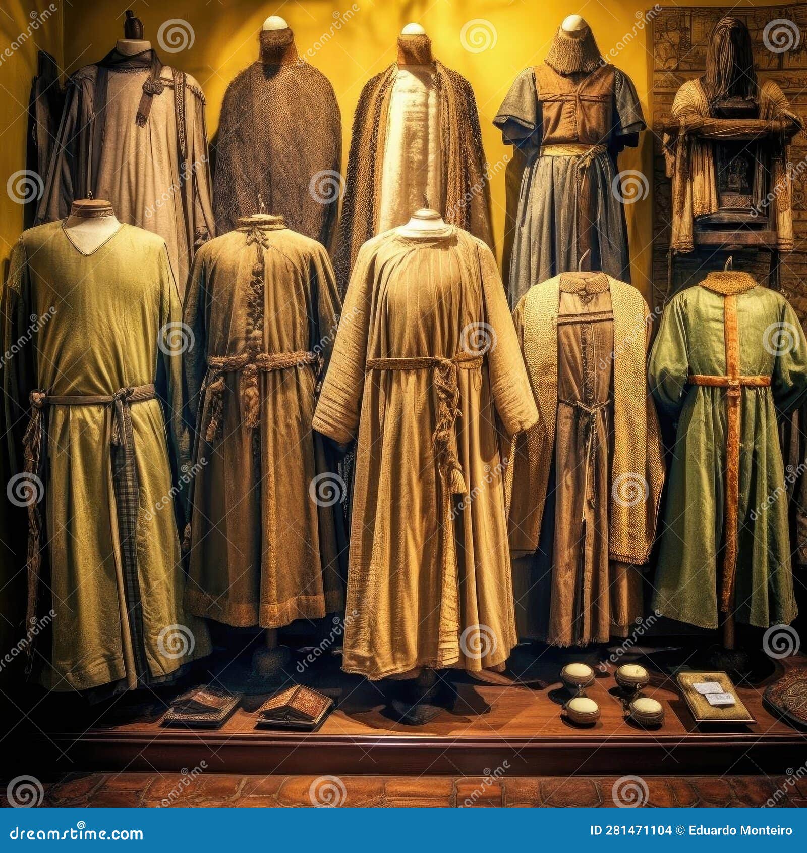 Vintage Medieval Clothing Display in a Museum Stock Illustration ...
