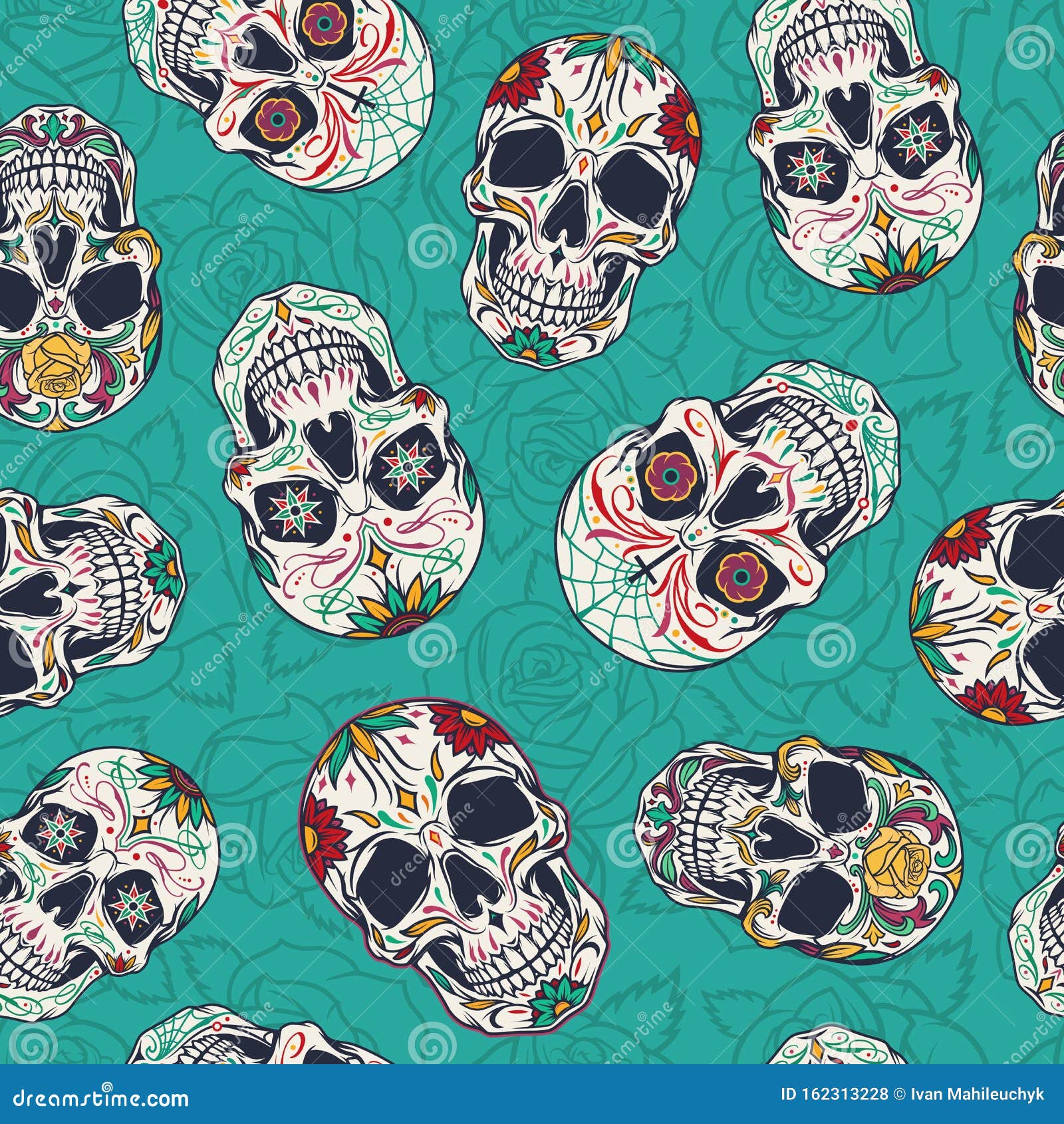 Vintage Mexican Sugar Skulls Seamless Pattern Stock Vector